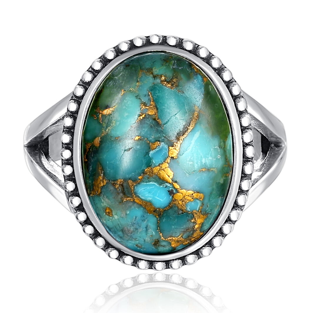 Vakki Oval Turquoise Blue-Green Ring 925 Sterling Silver Statement Ring ...