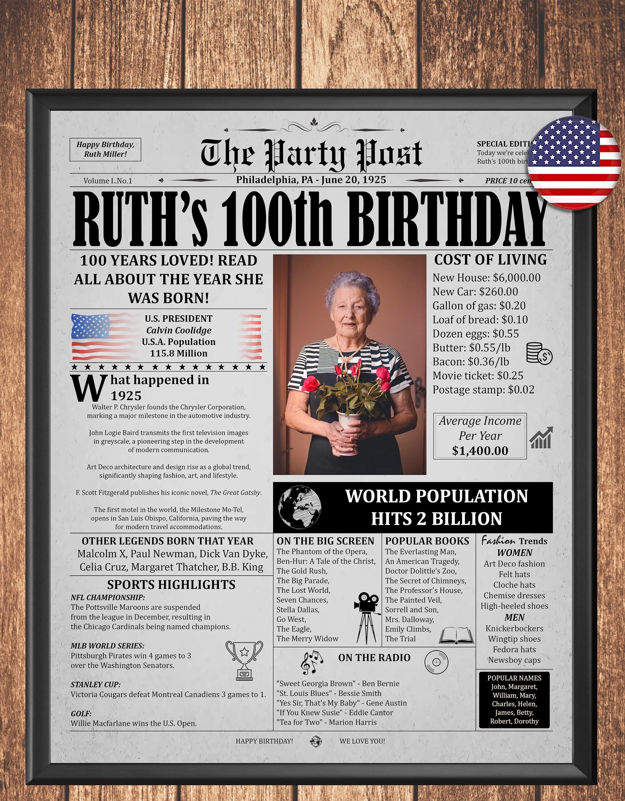 ValCoPo 100th Birthday Newspaper Poster, 1925 in USA, 100th Birthday ...