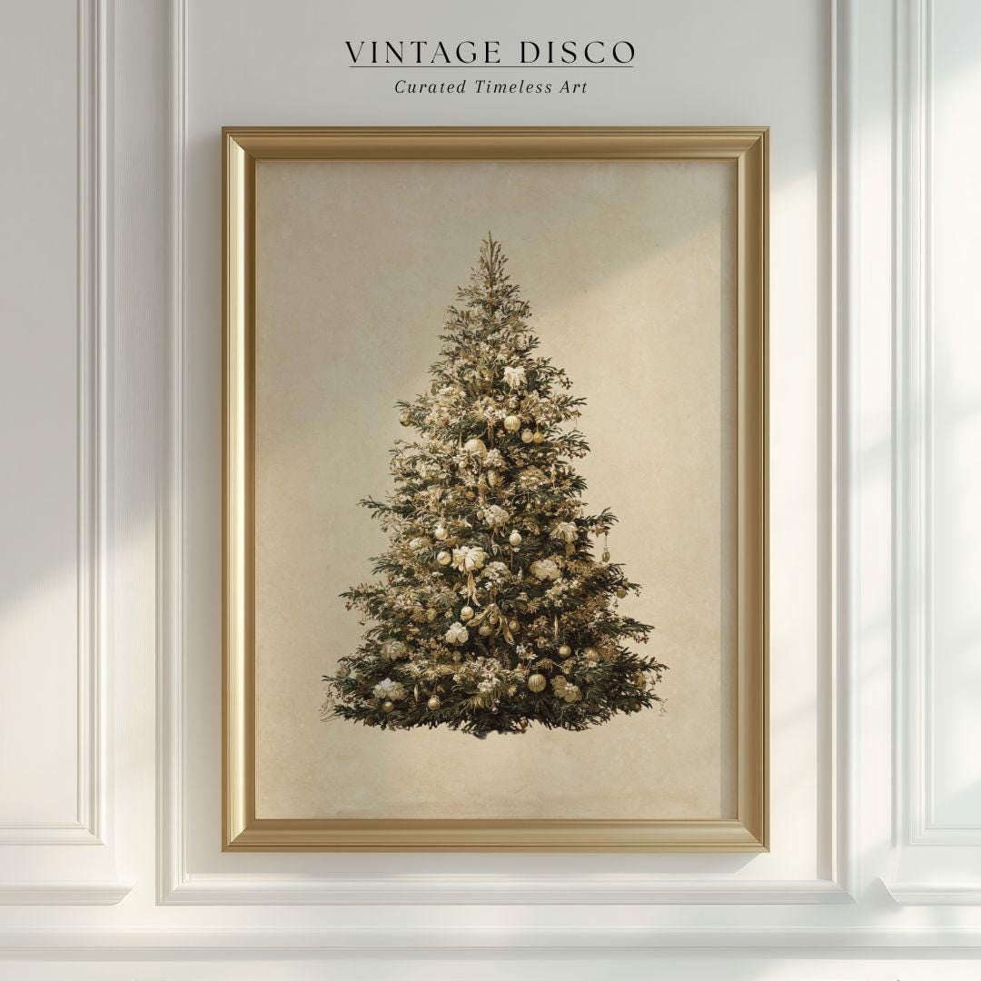 ValCoPo Elegant Regal Christmas Tree Print - Vintage Neutral Holiday ...