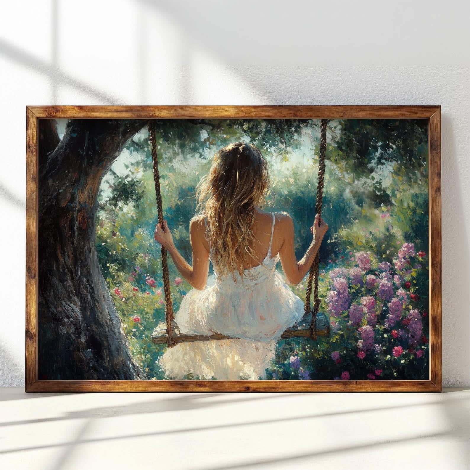 ValCoPo Girl on Swing Wall Art, Romantic Nature Art Print, Floral ...
