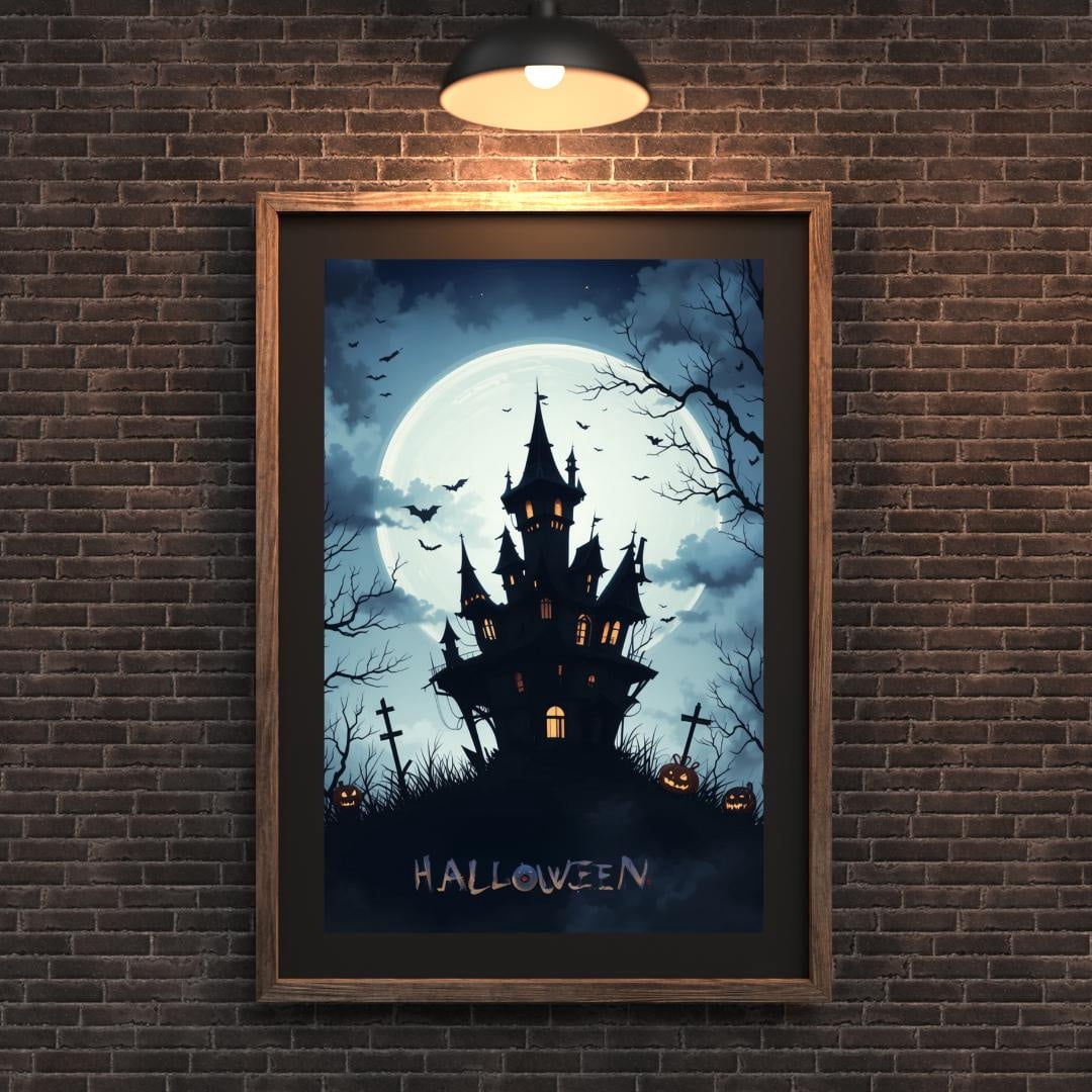 ValCoPo Halloween Season Creepy House Poster Print, Bats and Pumpkins ...