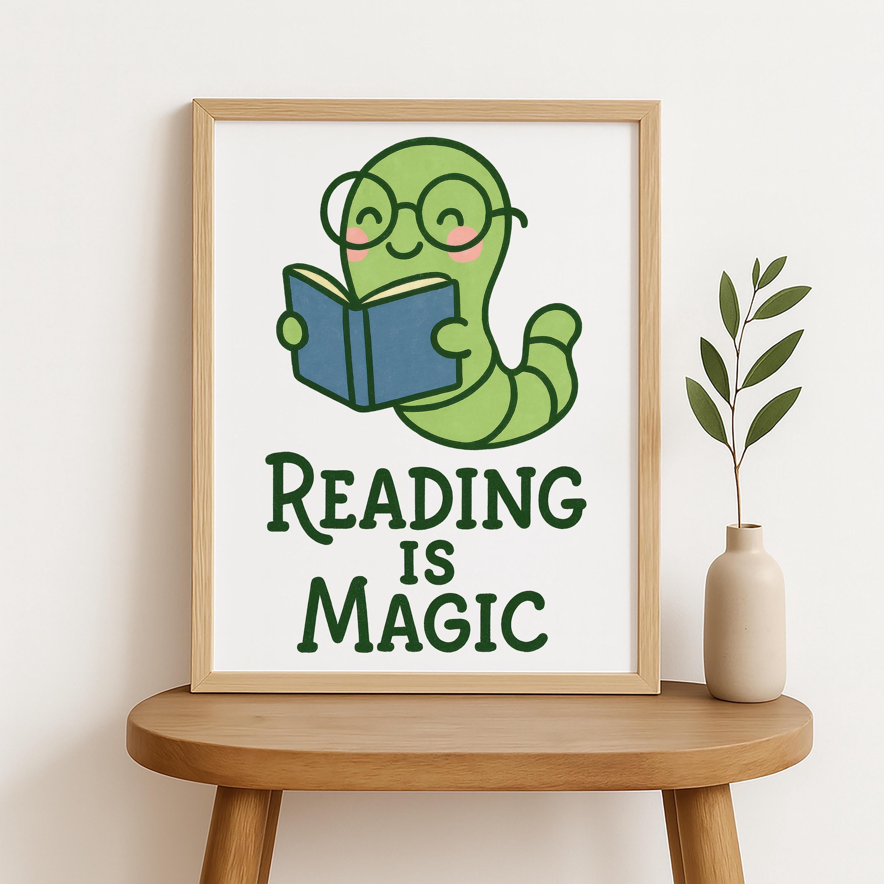 ValCoPo Reading Is Magic Bookworm Wall Art – Cute Literacy Poster for ...