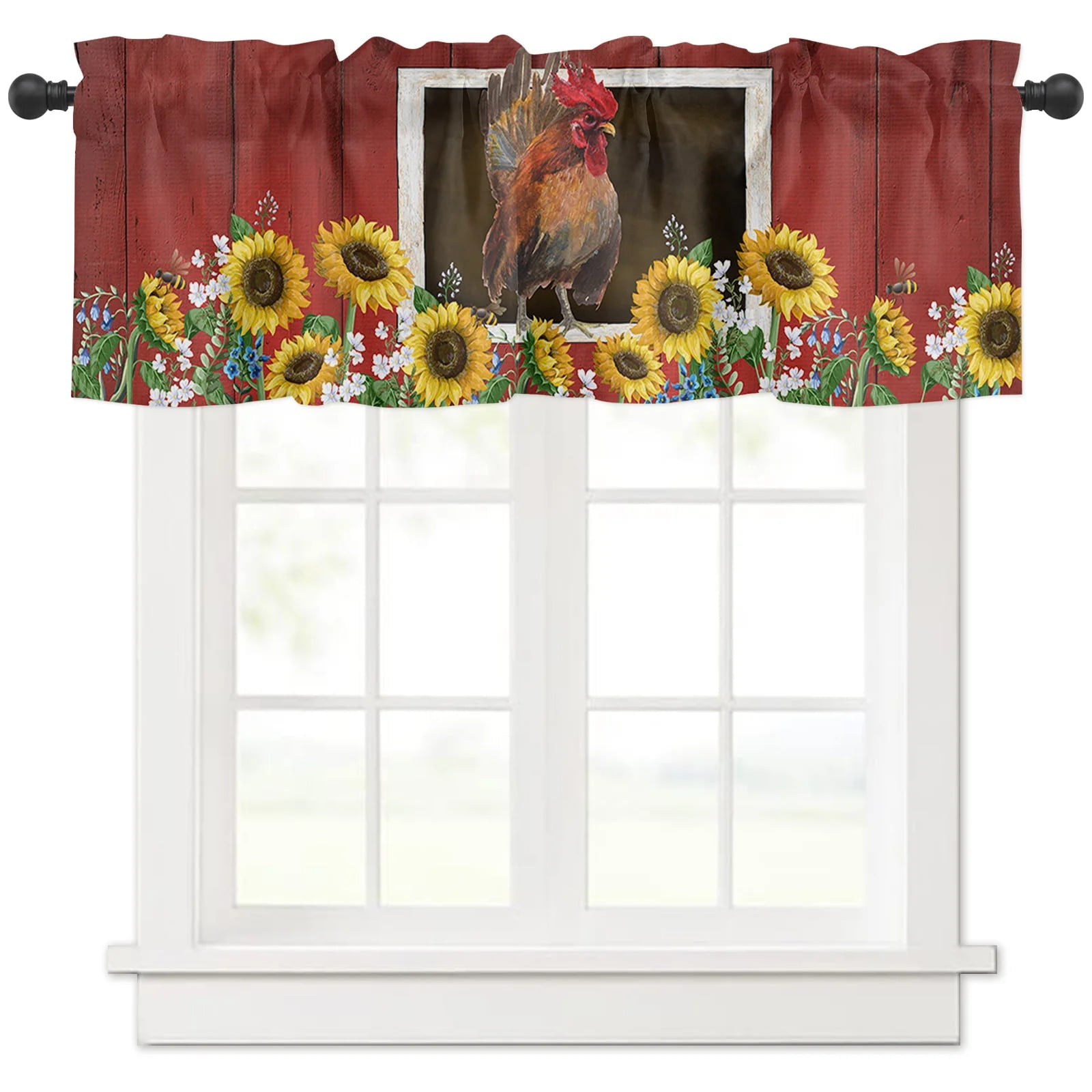 Valance Curtain Country Style Chicken Sunflower Red Plaid Short s ...