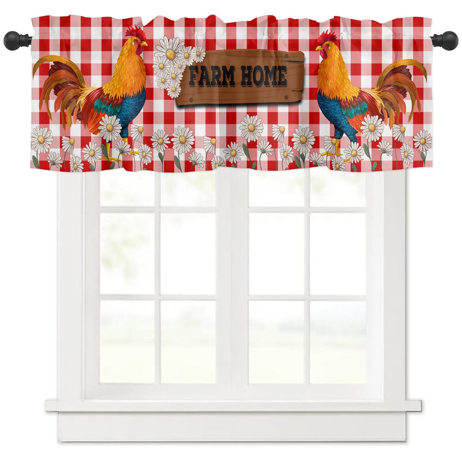 Valance Curtain Country Style Chicken Sunflower Red Plaid Short s ...