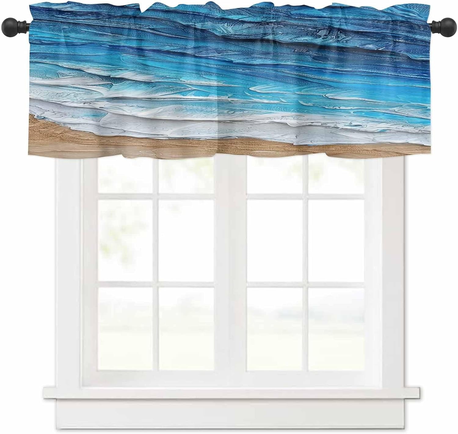 Valance Curtain for Kitchen, Blue Ocean Beach Oil Painting Ombre Window ...