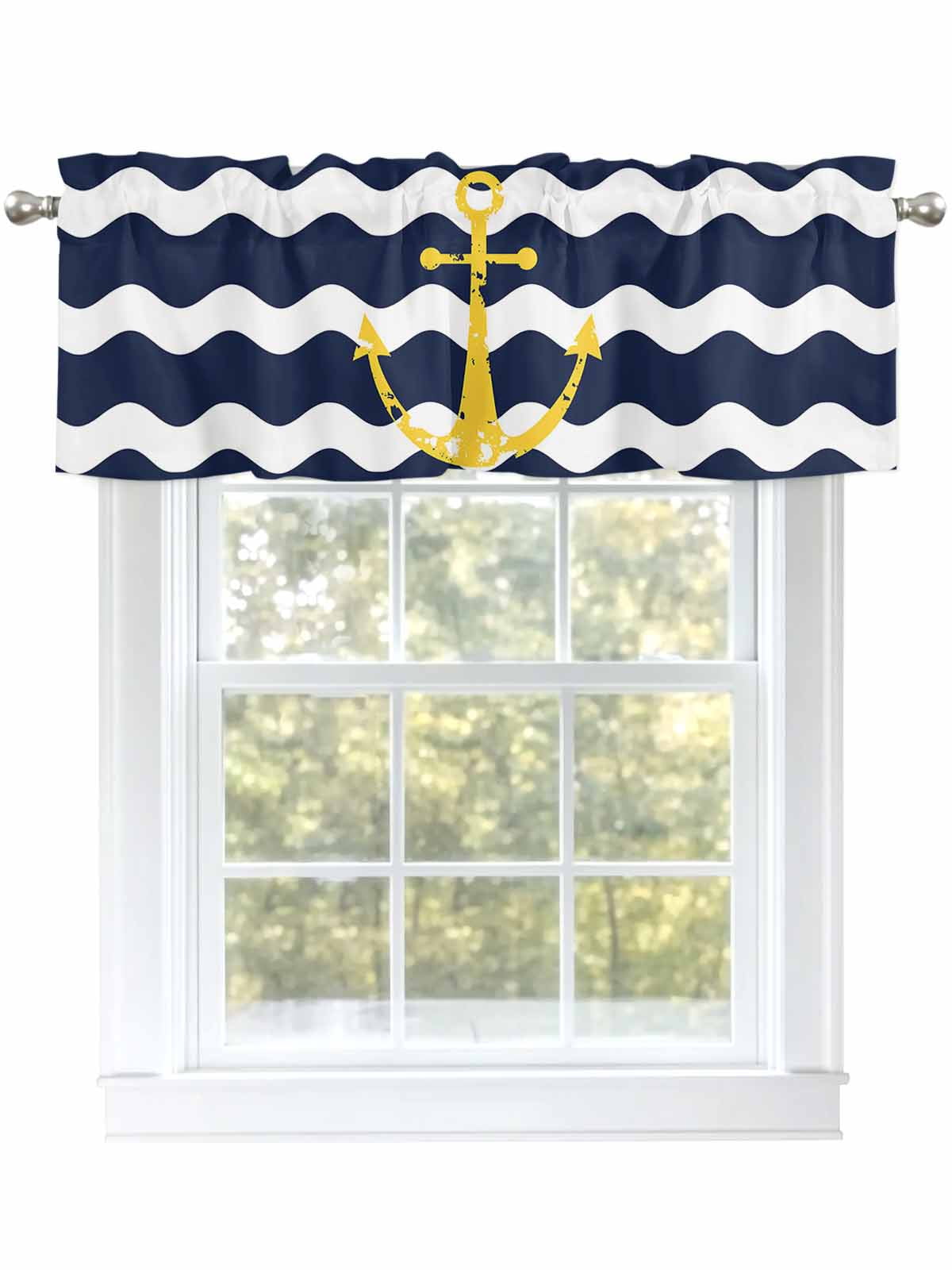 Valance Curtains for Kitchen Windows Chic Nautical Anchor on Navy Blue ...