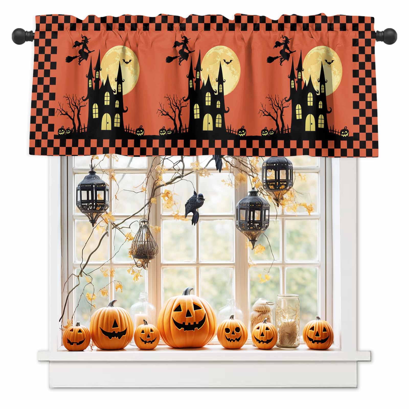 Valance Curtains for Kitchen Windows Halloween Haunted Castle Witch ...
