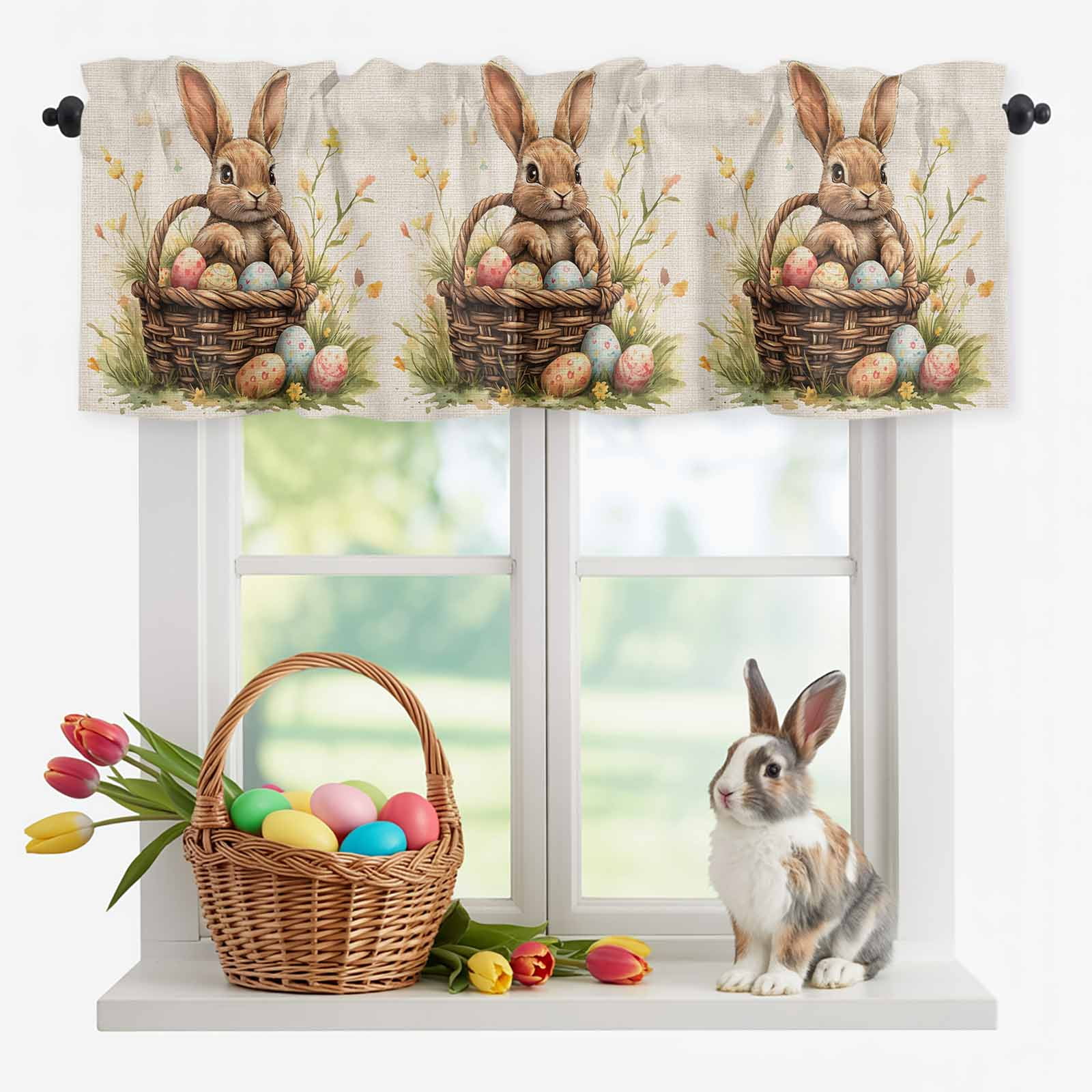 Valance Curtains for Kitchen Windows Watercolor Bunny Easter Egg Flower ...