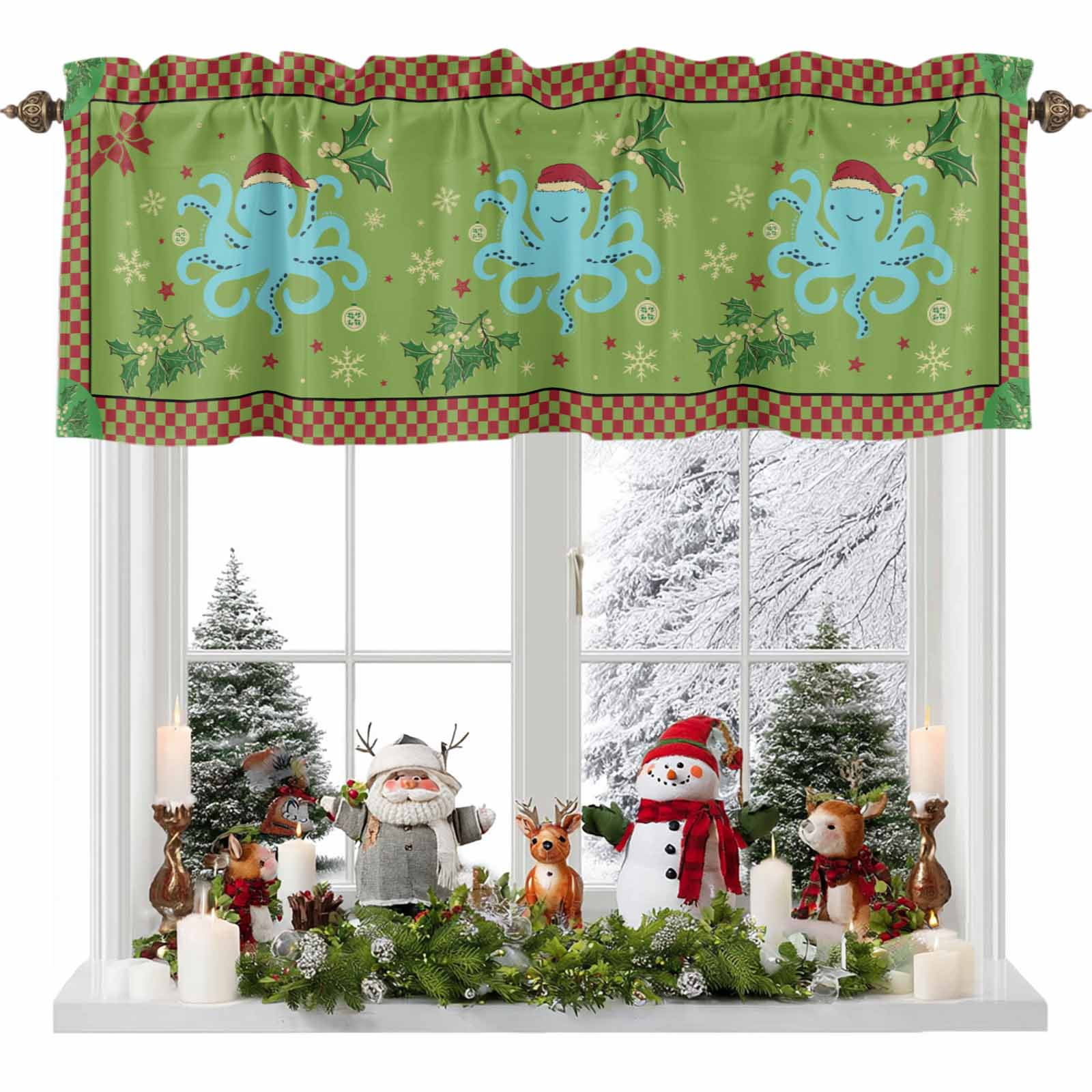 Valance Curtains for Kitchen Windows Xmas Blue Octopus Santa Hat Holly ...