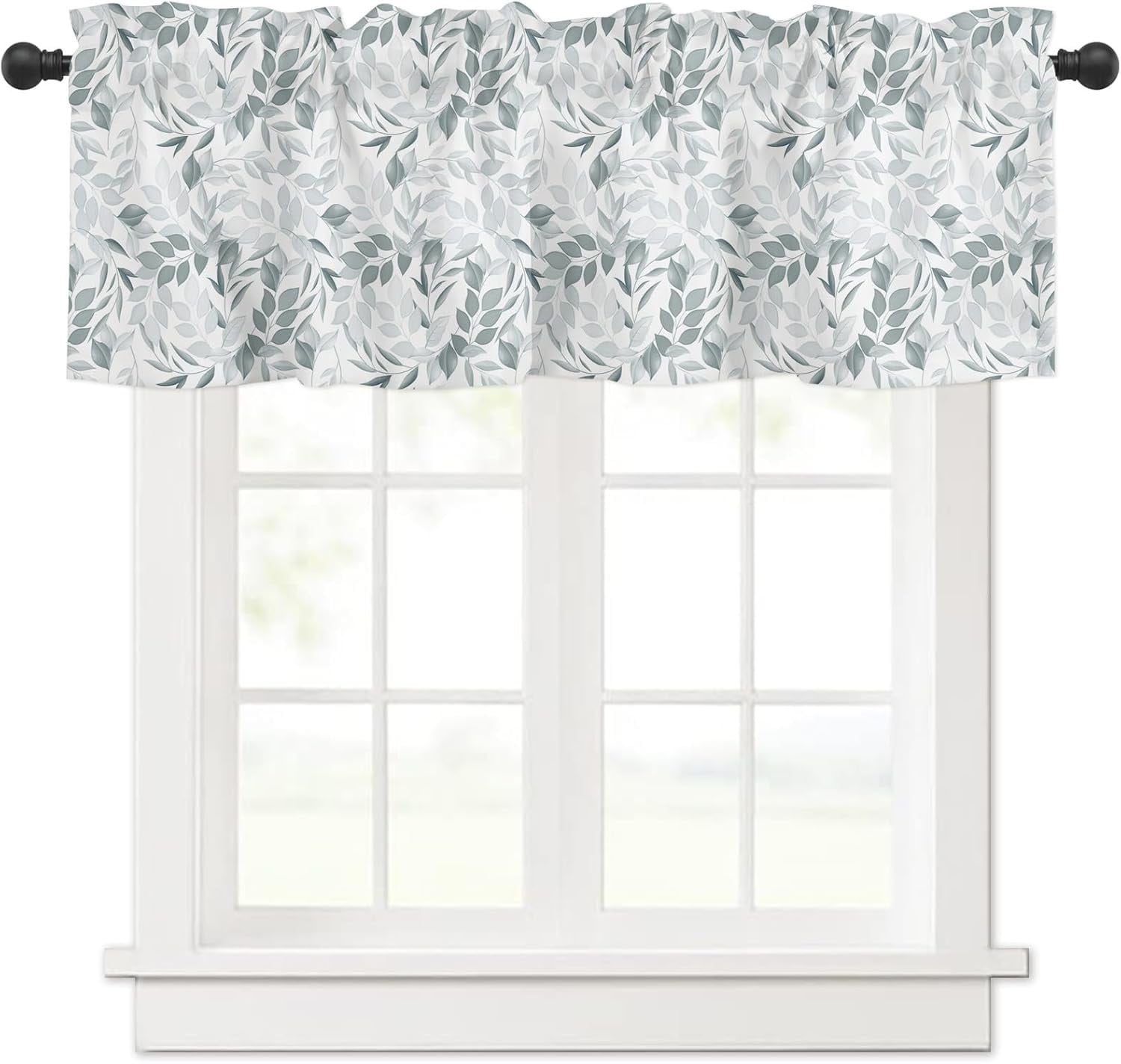 Valance Curtains for Windows, Vintage Grey and Green Leaves Semi Sheer ...