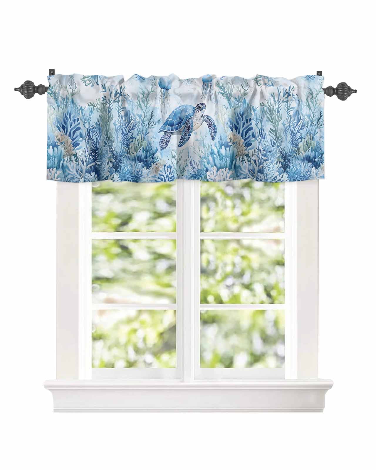 Valance for Kitchen Windows, Blue Ocean Sea Turtles Jellyfish Rod ...