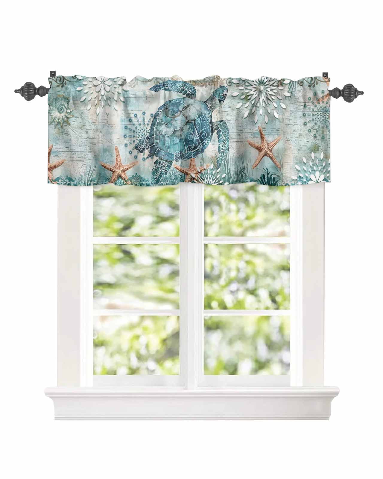 Valance for Kitchen Windows, Gradient Teal Sea Turtles Starfish Rod ...