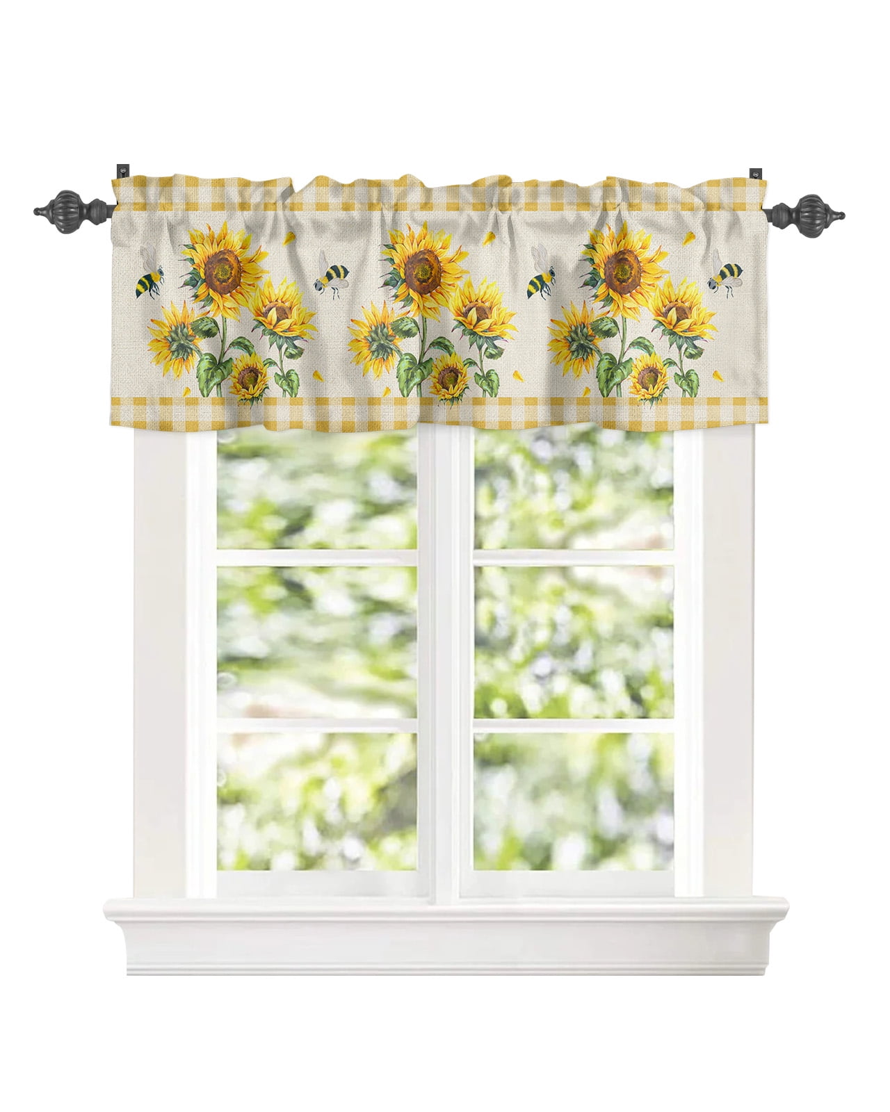 Valance for Kitchen Windows, Pastoral Watercolor Sunflower Bee Rod ...