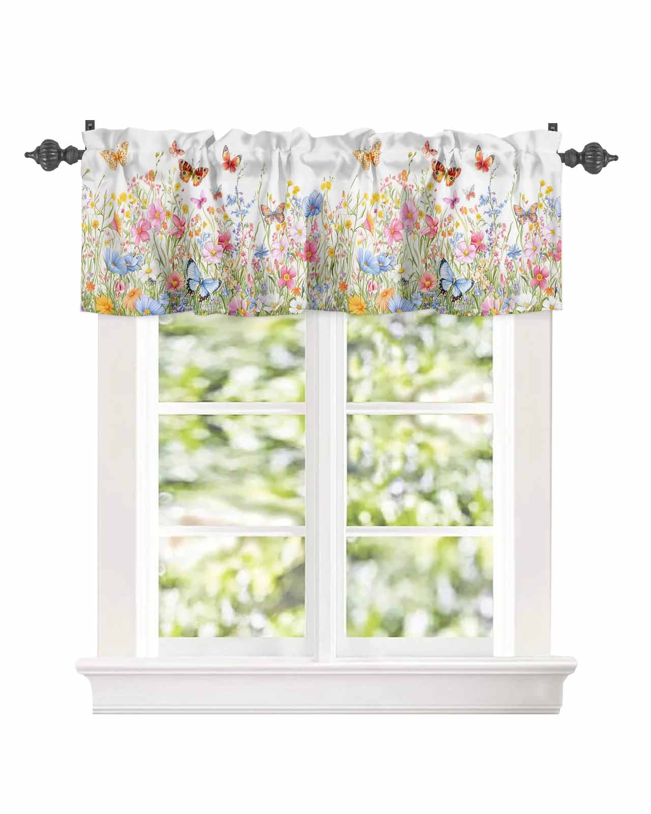 Valance for Kitchen Windows, Spring Bright Plant Floral Butterfly Rod ...