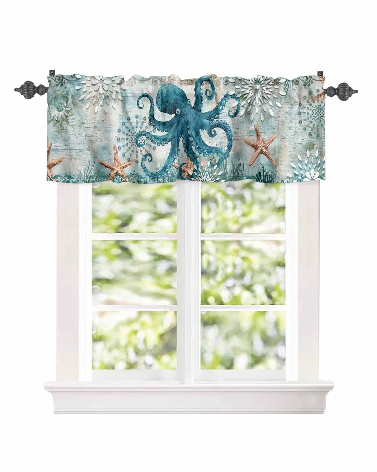 Valance for Kitchen Windows, Turquoise Ocean Octopus Starfish Rod ...