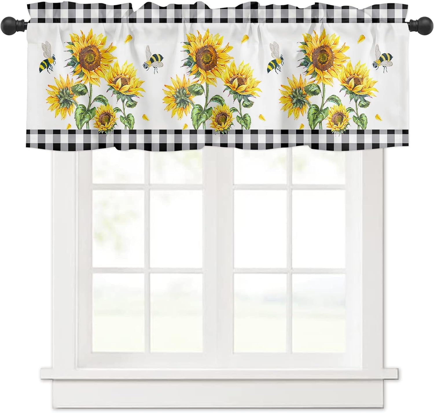 Valance Sunflower Bees Curtains for Kitchen Window Farmhouse Black ...
