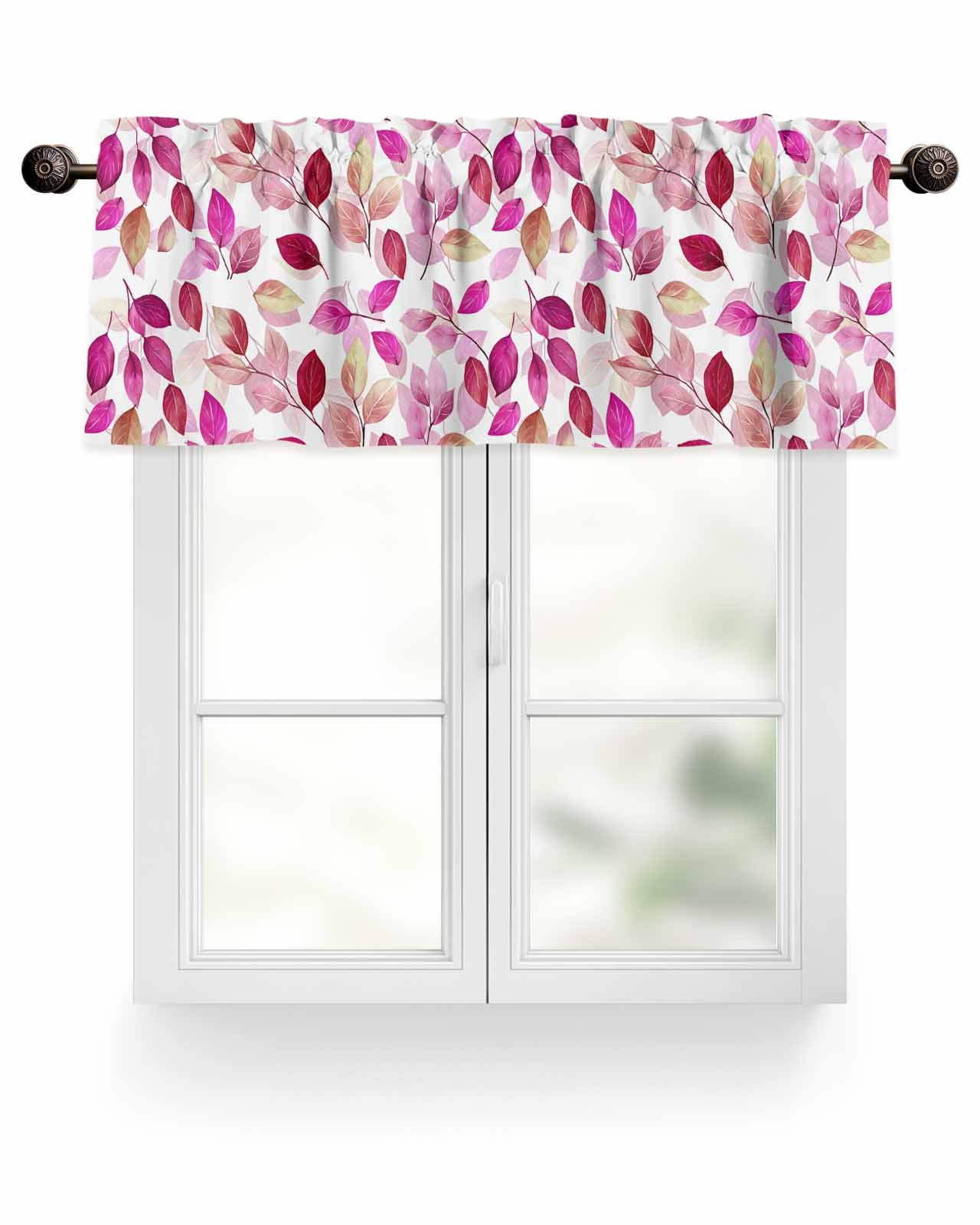 Valance for Windows 42"W x 12"L Spring Leaves Pattern Red Kitchen ...