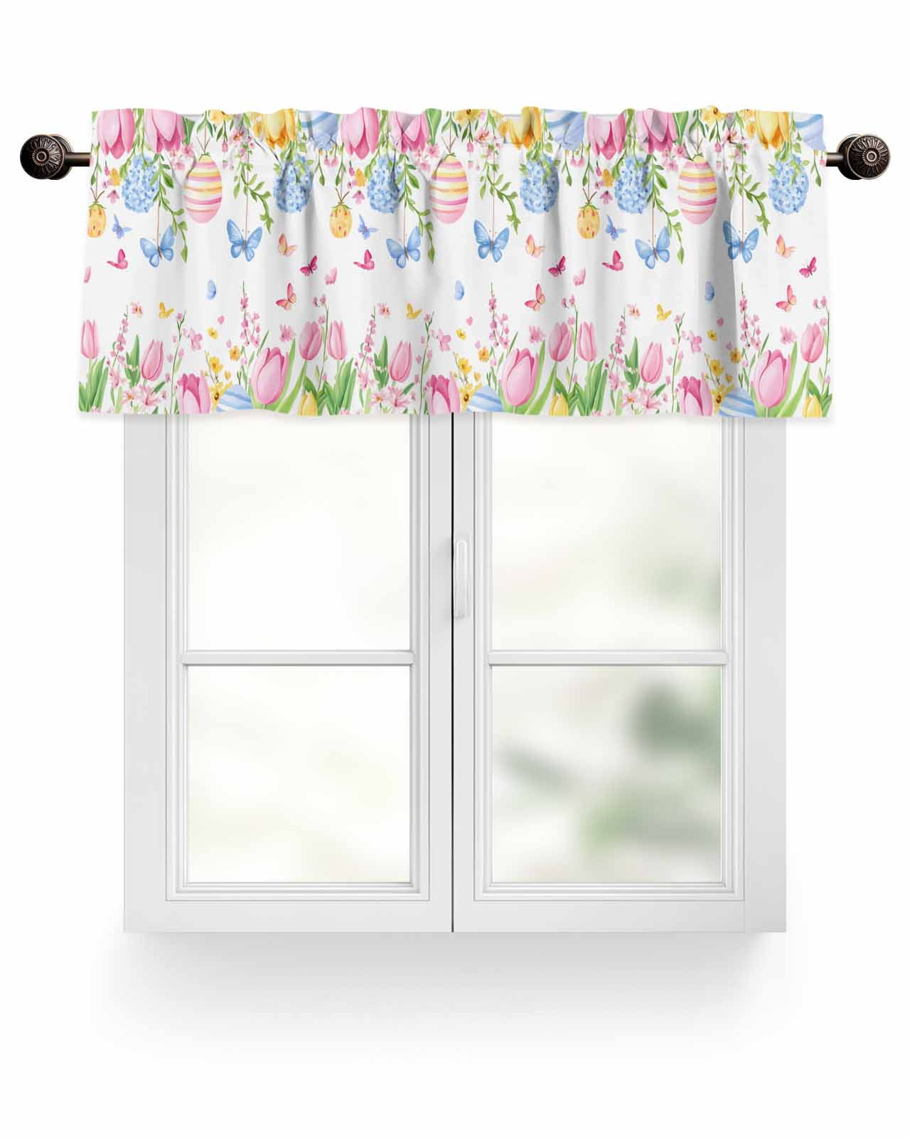 Valance for Windows 42"W x 12"L Spring Pink Flowers Easter Eggs ...