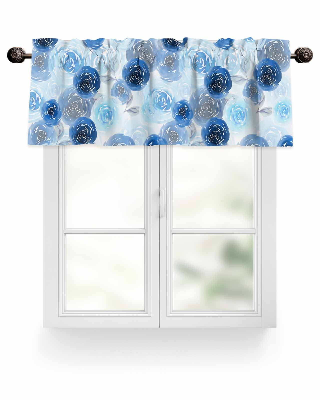Valance for Windows 42"W x 18"L Blue Roses Spring Watercolor Kitchen ...