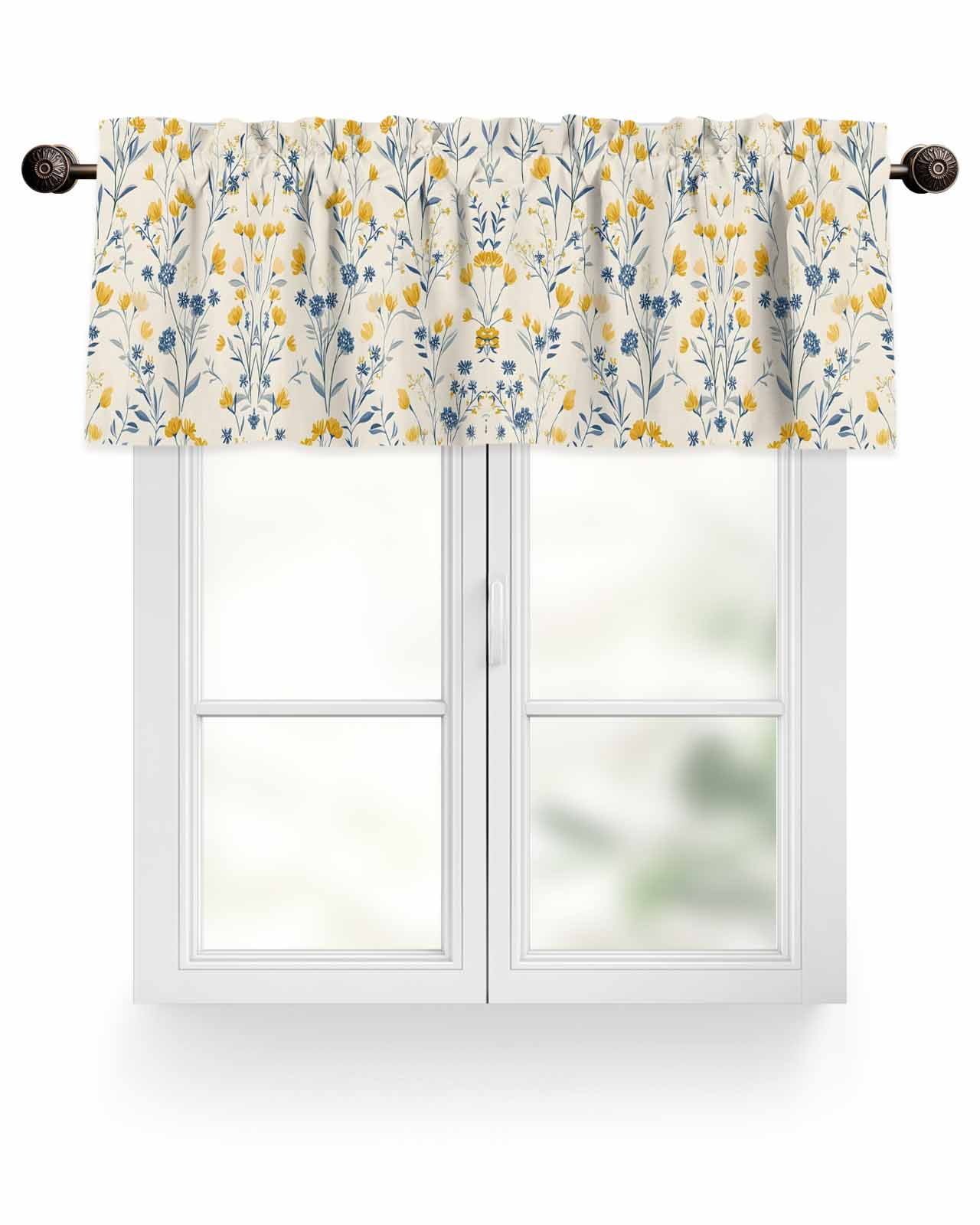 Valance for Windows 42"W x 18"L Spring Floral Blue Yellow Wildflowers ...