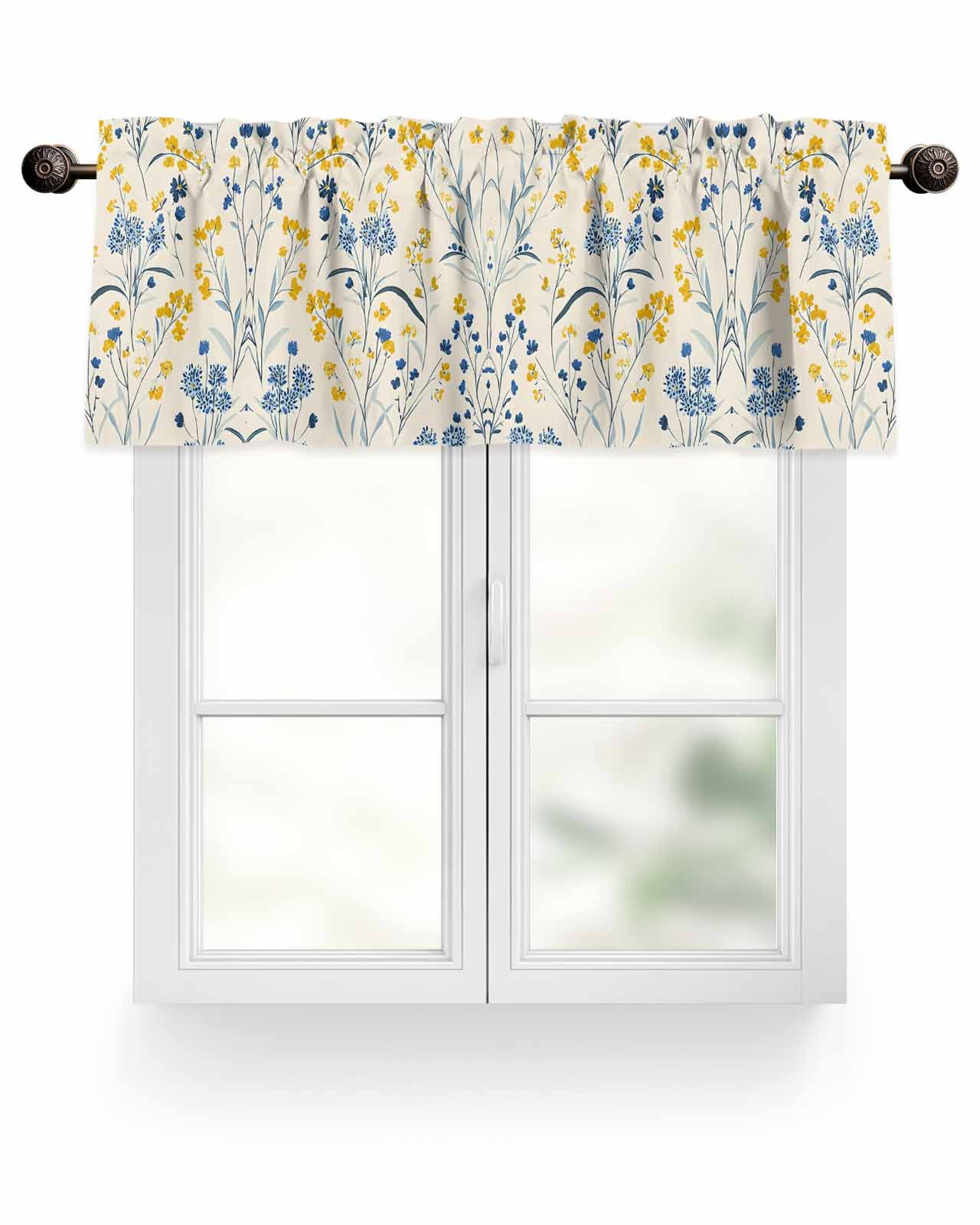Valance for Windows 42"W x 18"L Spring Floral Yellow Blue Flowers ...