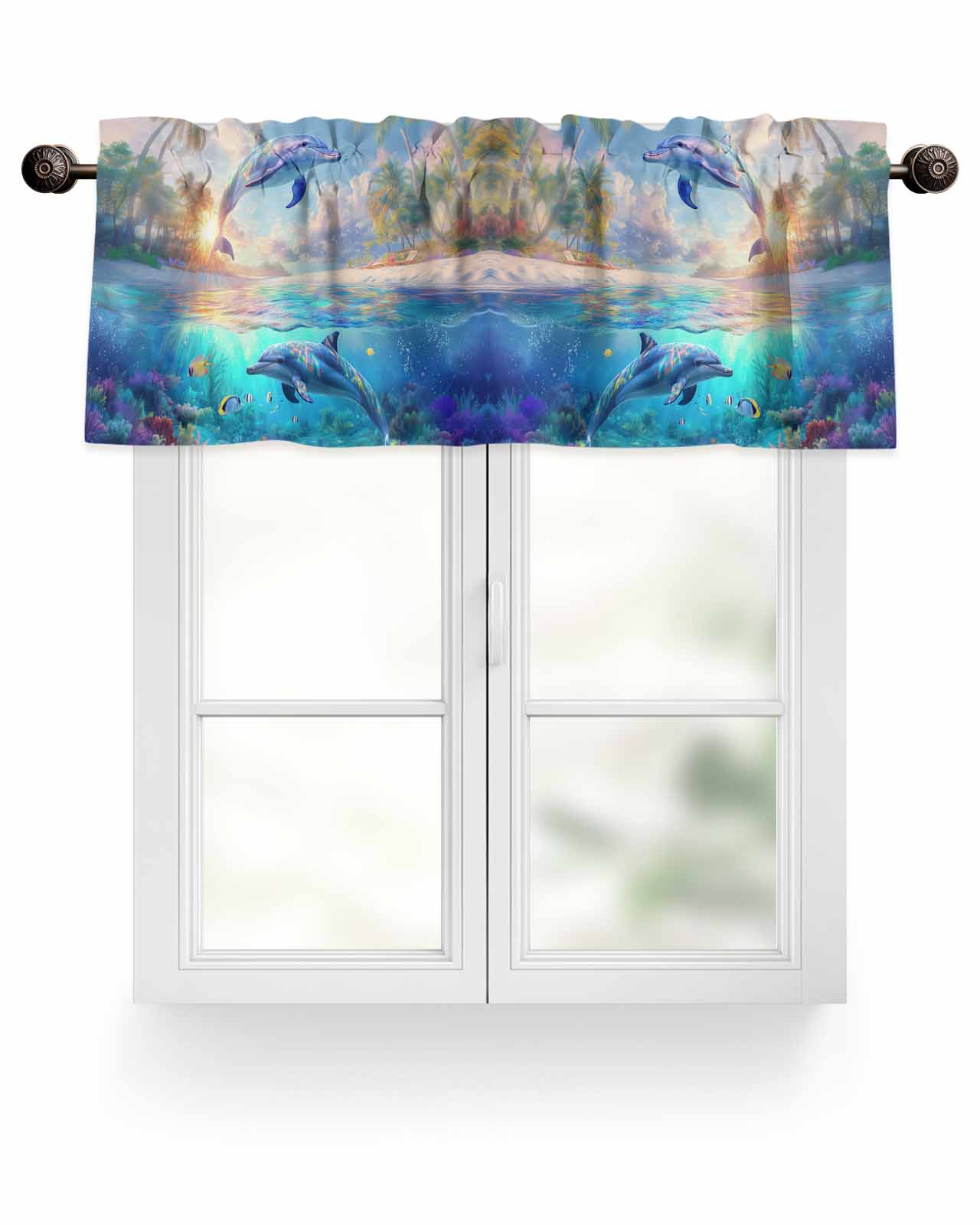 Valance for Windows 54"W x 18"L Summer Ocean Coconut Tree Dolphin ...