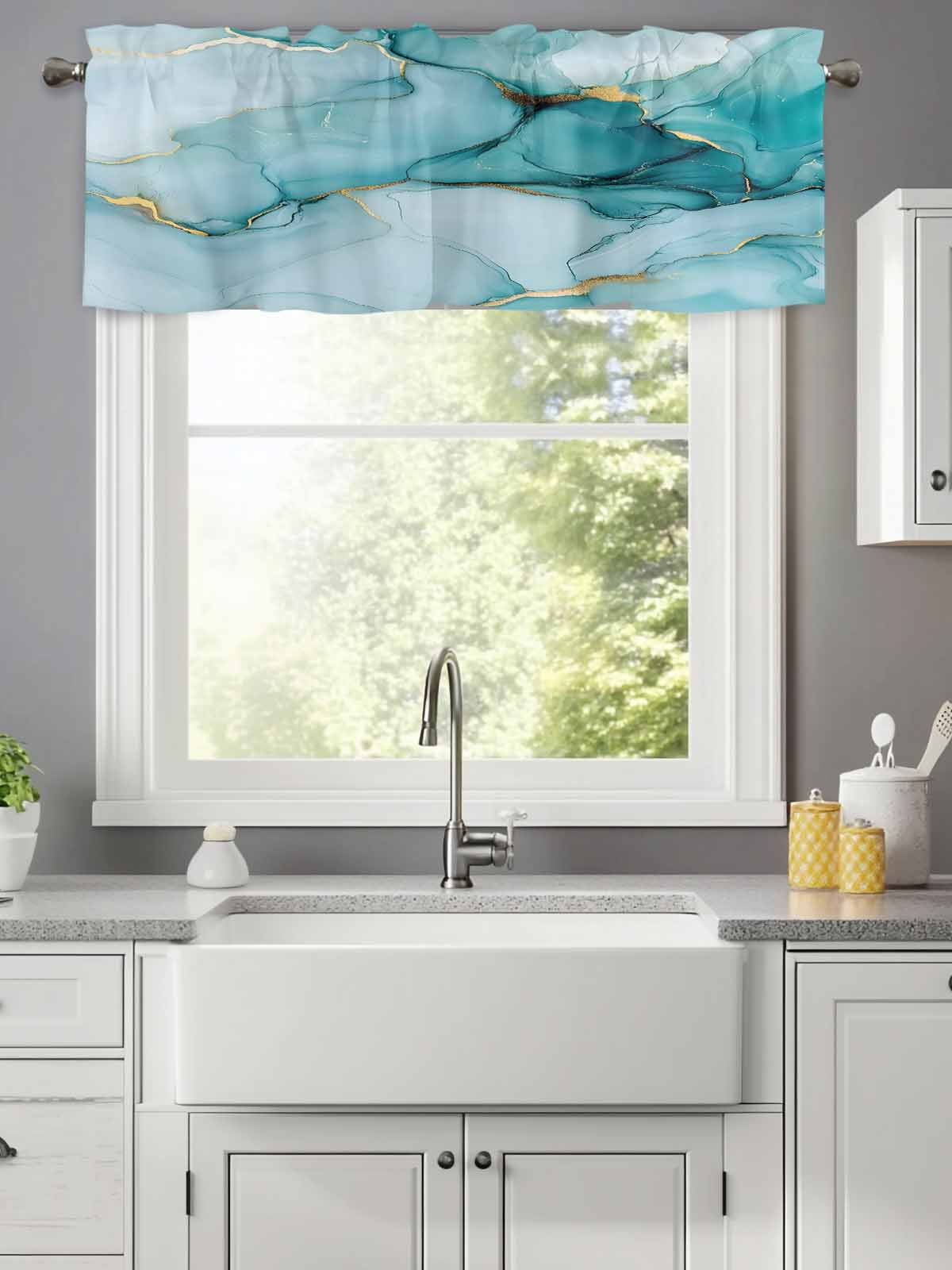 Valance for Windows,Abstract Teal Marble Gold Stripe Valances Curtain ...