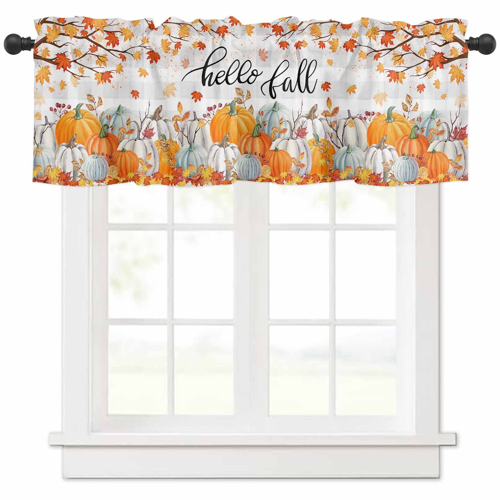 Valance for Windows Autumn Maple Leaves Pumpkin Hello Fall Happy ...