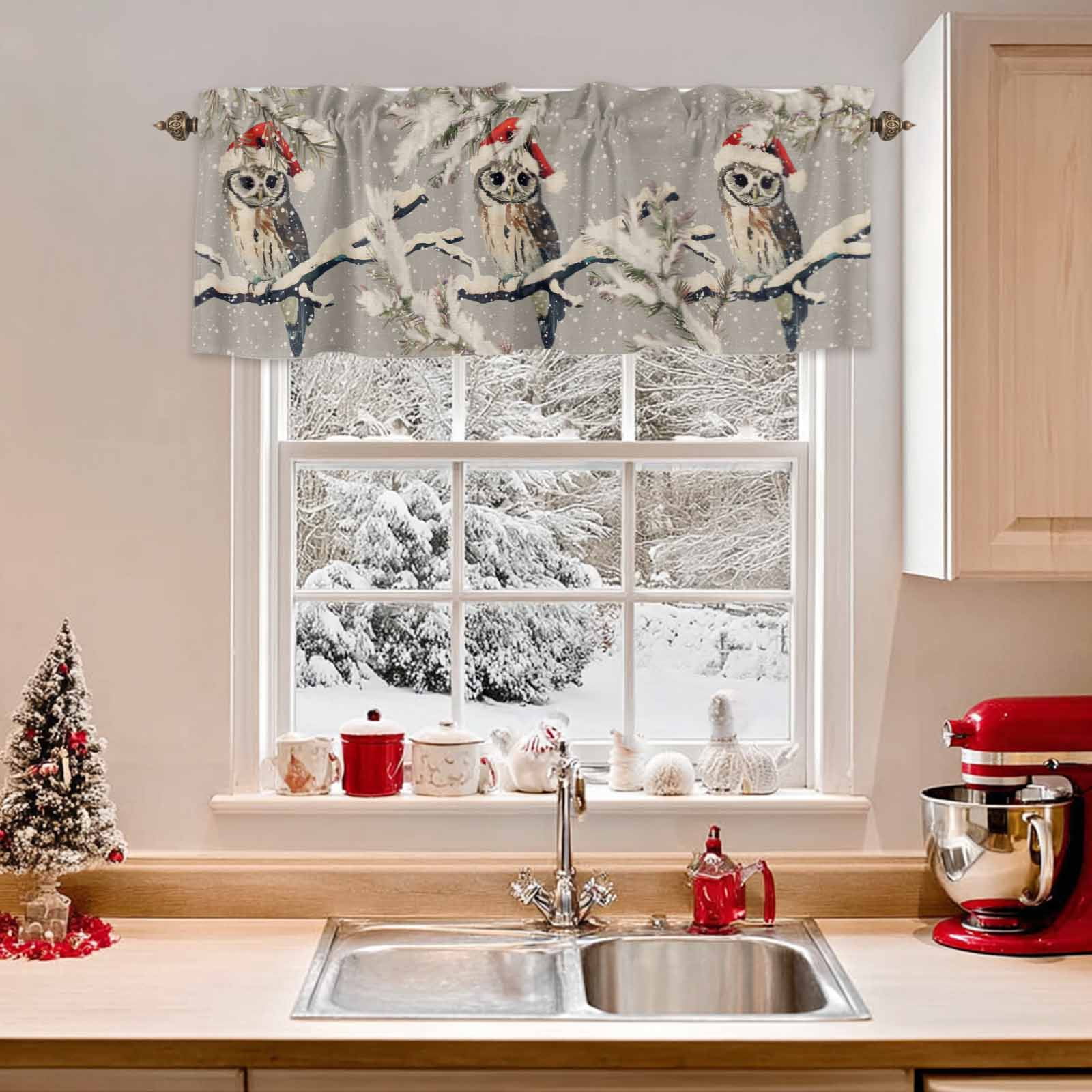 Valance for Windows,Christmas Owl Pine Leaves Branch Valances Curtain ...