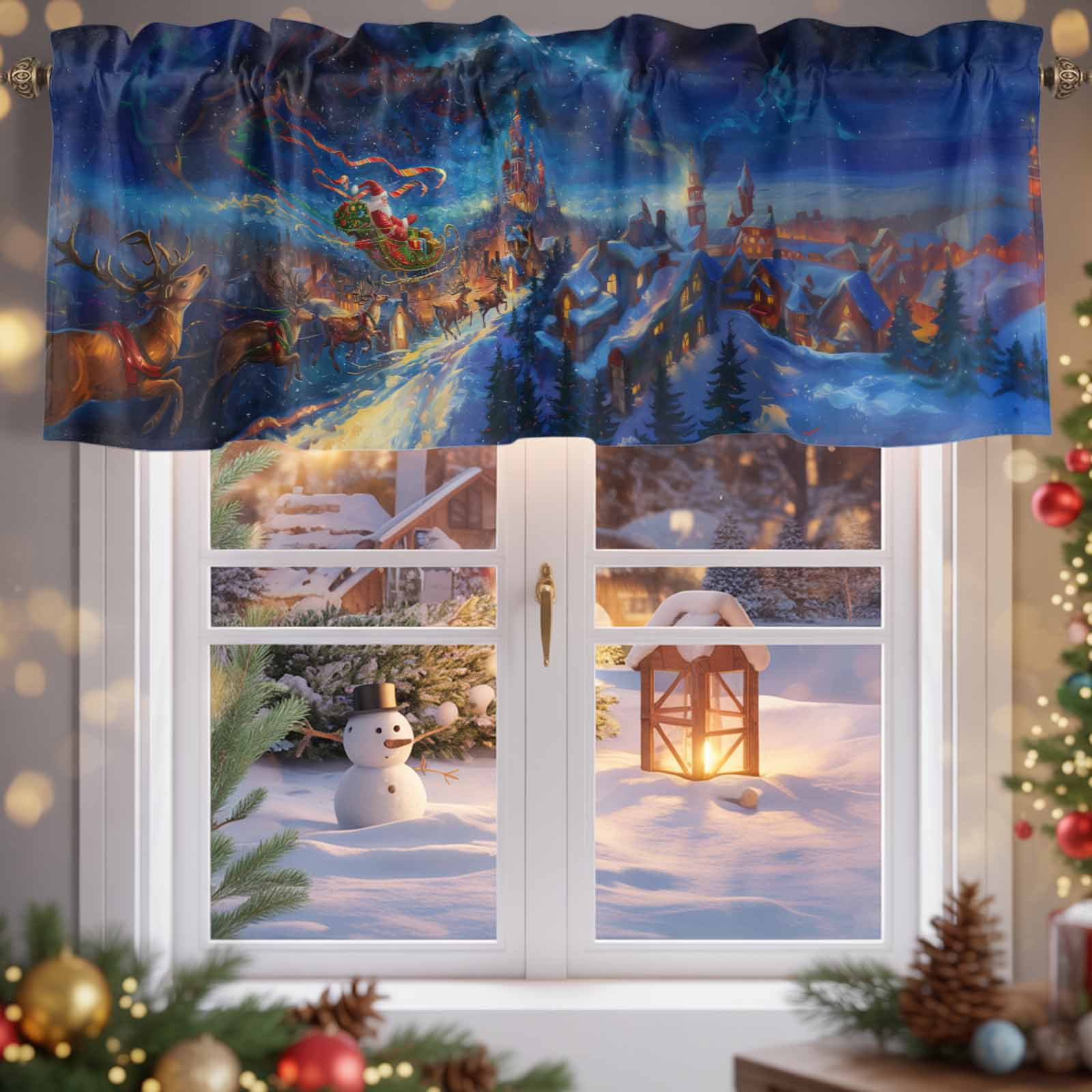 Valance for Windows,Christmas Santa Claus Elk Blue Gradient Valances ...
