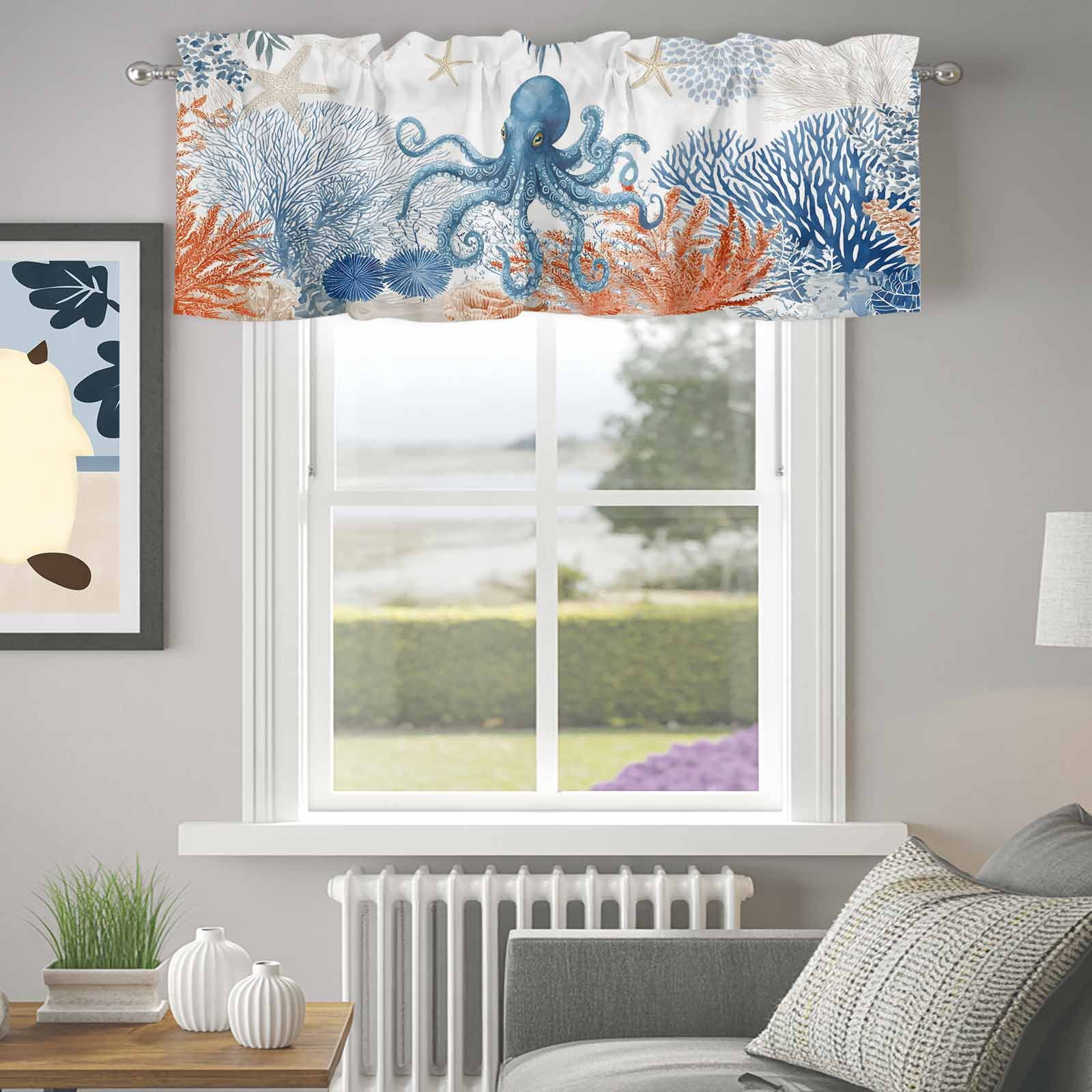 Valance for Windows,Coastal Ocean Octopus Coral Shell Valances Curtain ...