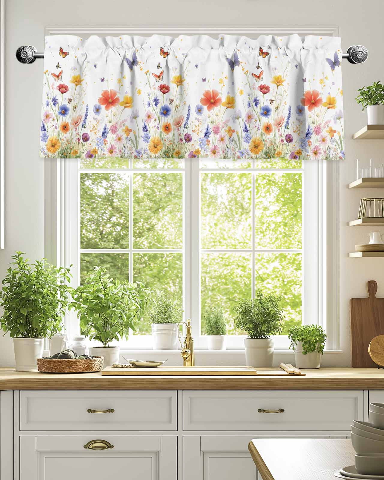 Valance for Windows,Colorful Flowers Spring Butterfly Valances Curtain ...