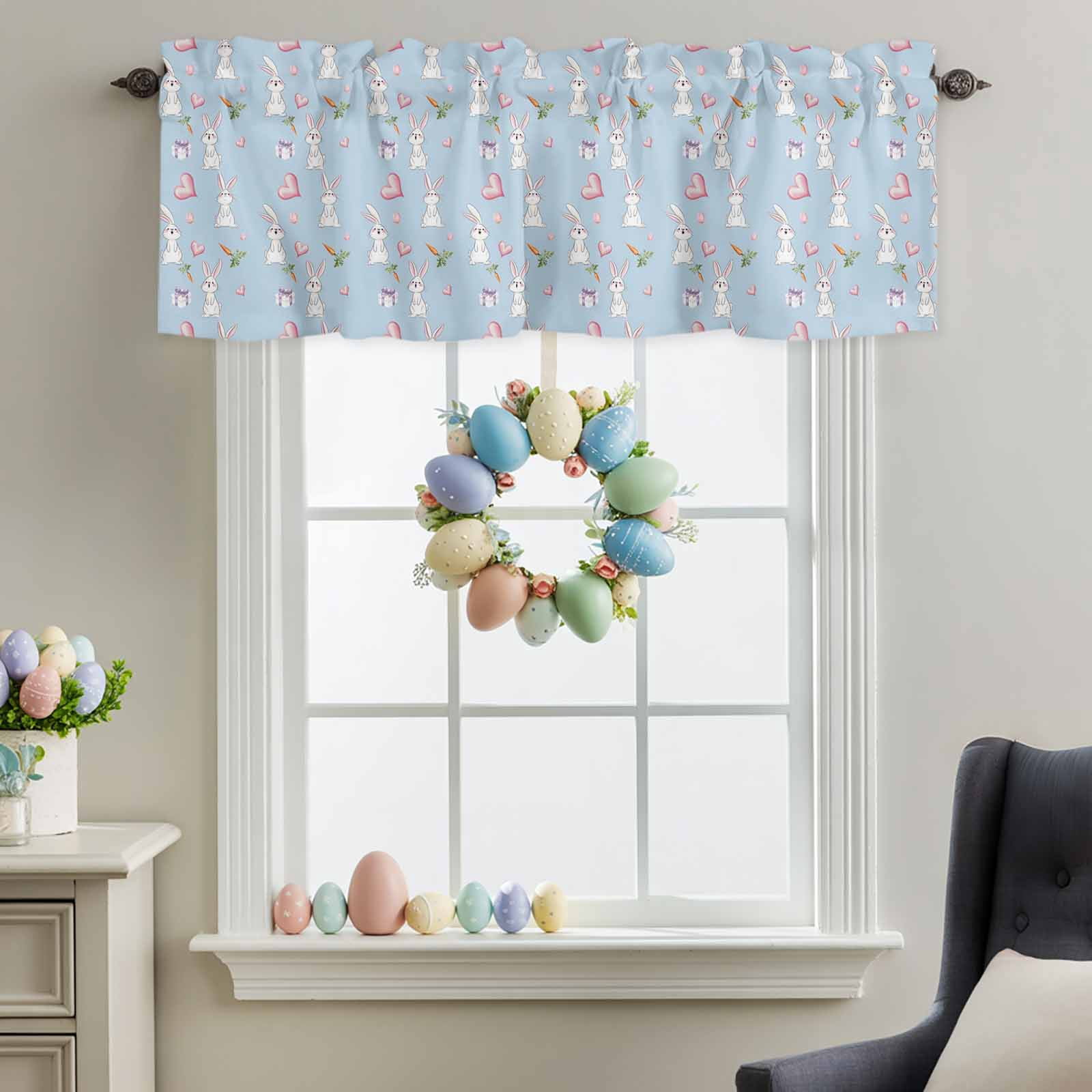 Valance for Windows,Easter Rabbits Carrots on Blue Valances Curtain Rod ...