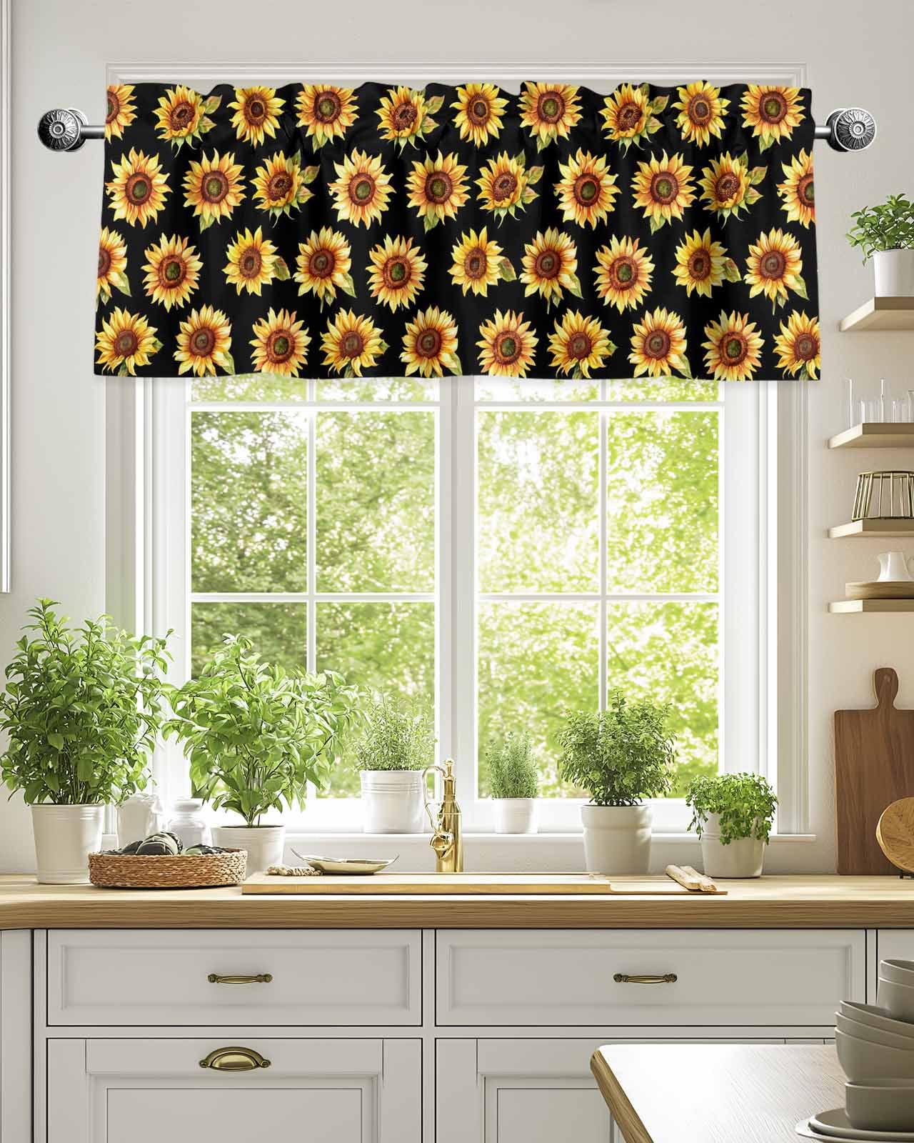 Valance for Windows,Farm Sunflowers on Black Background Valances ...