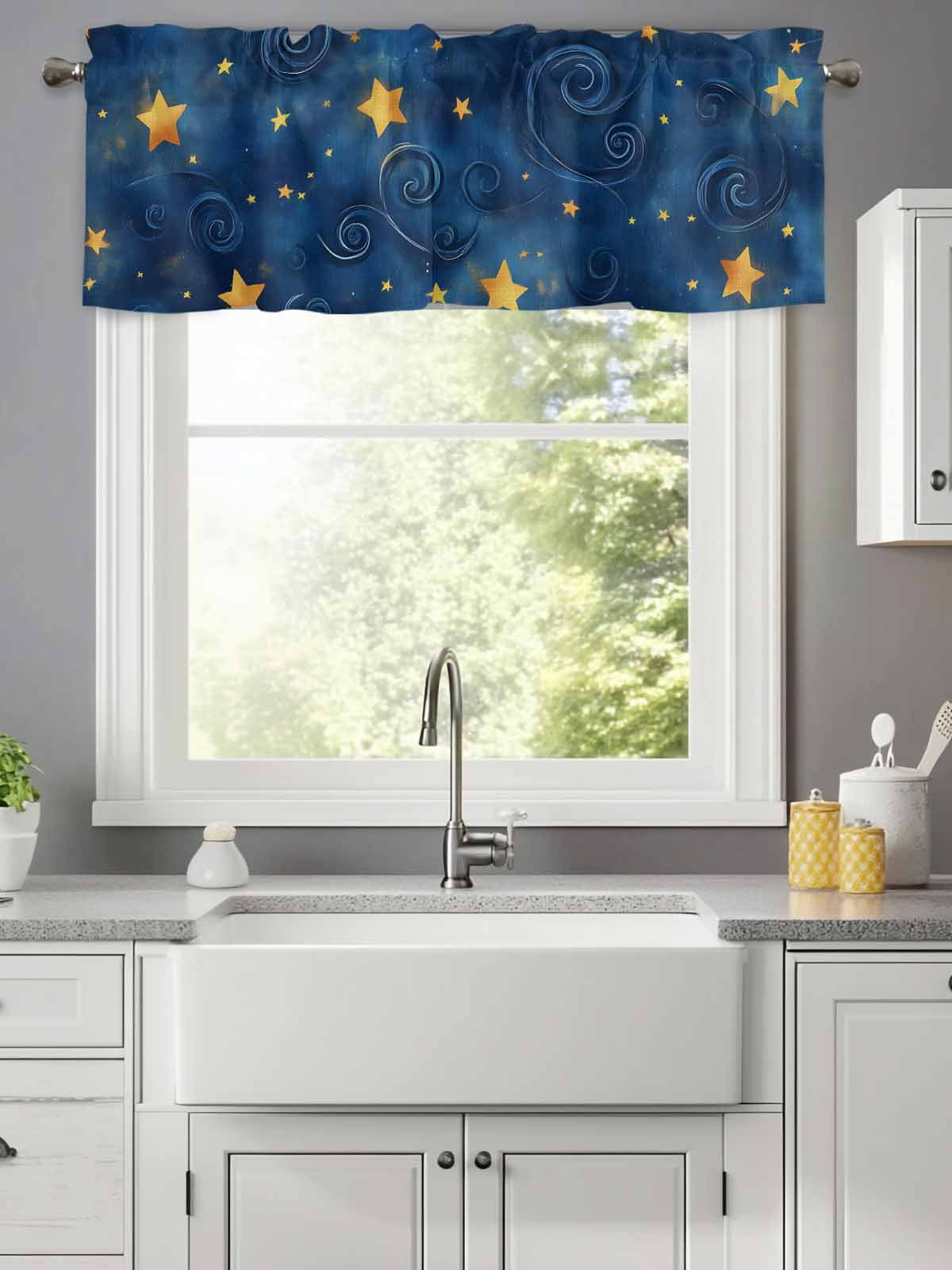 Valance for Windows,Gold Star Swirling on Dark Blue Valances Curtain ...