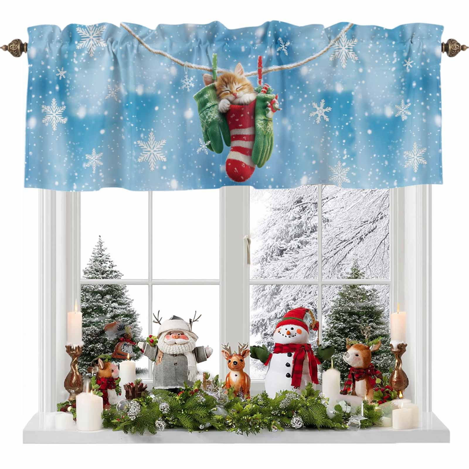 Valance for Windows Kitchen Curtains 42"W x 12"L Christmas Cartoon Cat ...