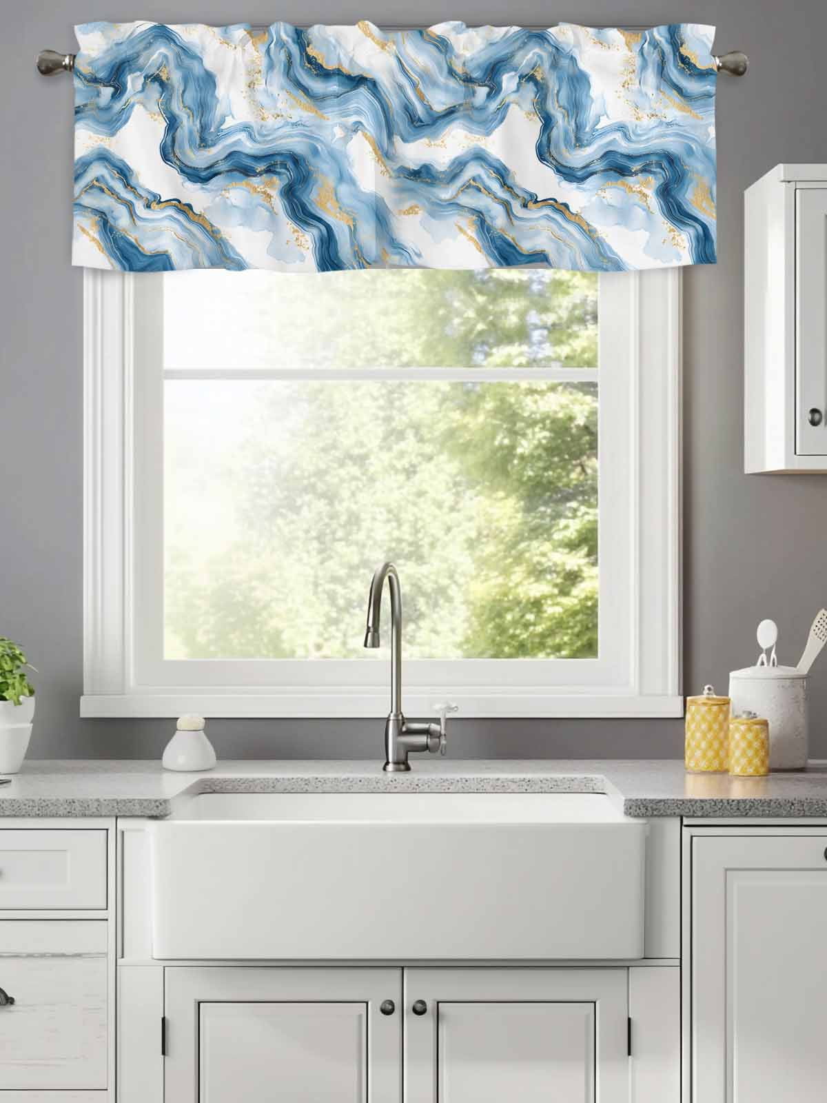 Valance for Windows,Modern Blue Gold Marble Stone Valances Curtain Rod ...