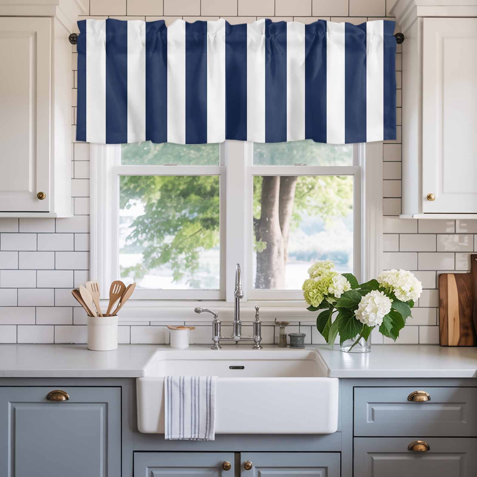 Valance for Windows,Modern White and Navy Blue Stripe Valances Curtain ...