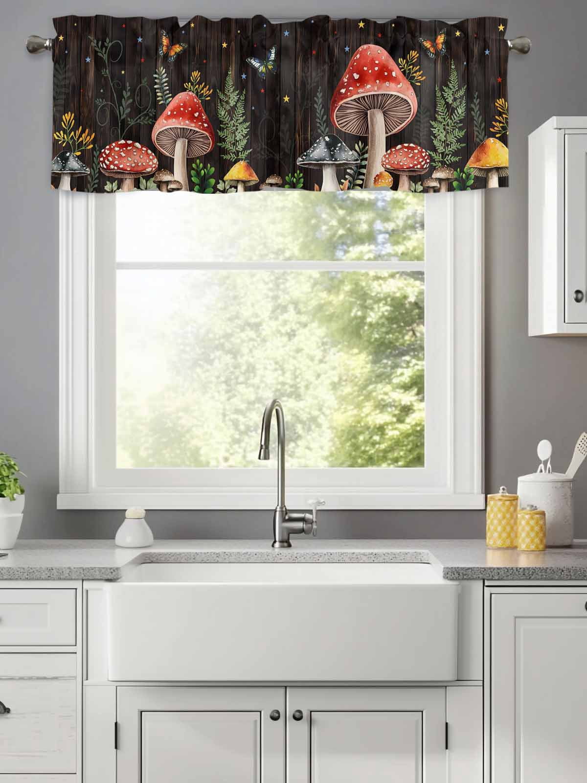 Valance for Windows,Mushroom Butterfly Green Leaves on Black Valances ...