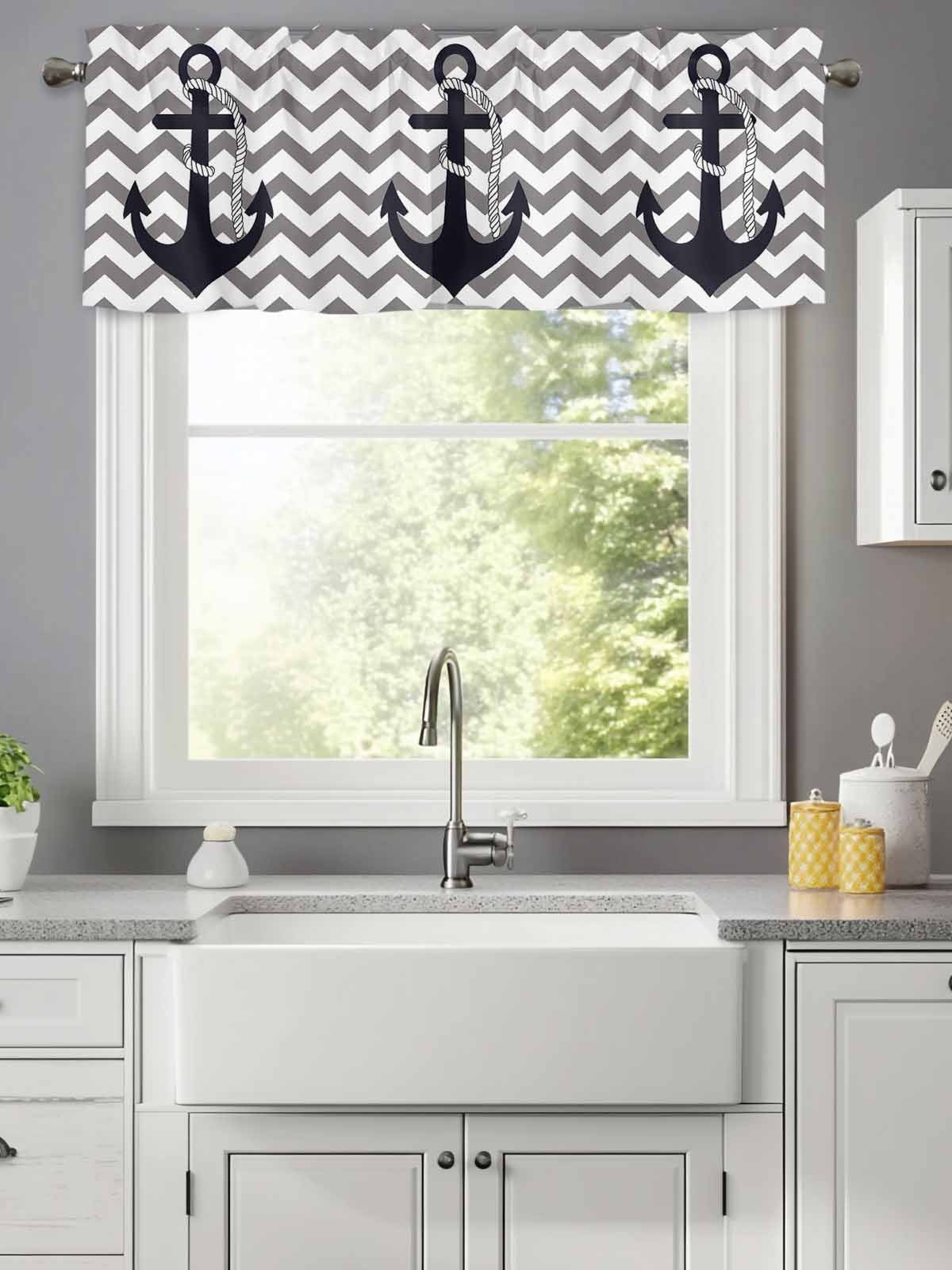 Valance for Windows,Nautical Anchor Dark Blue Valances Curtain Rod ...