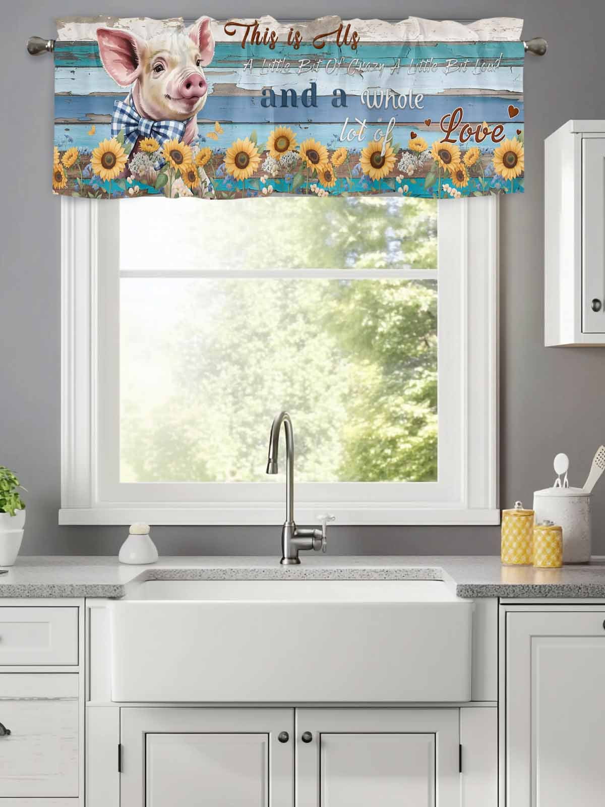 Valance for Windows,Pastoral Sunflower Farm Pig Valances Curtain Rod ...
