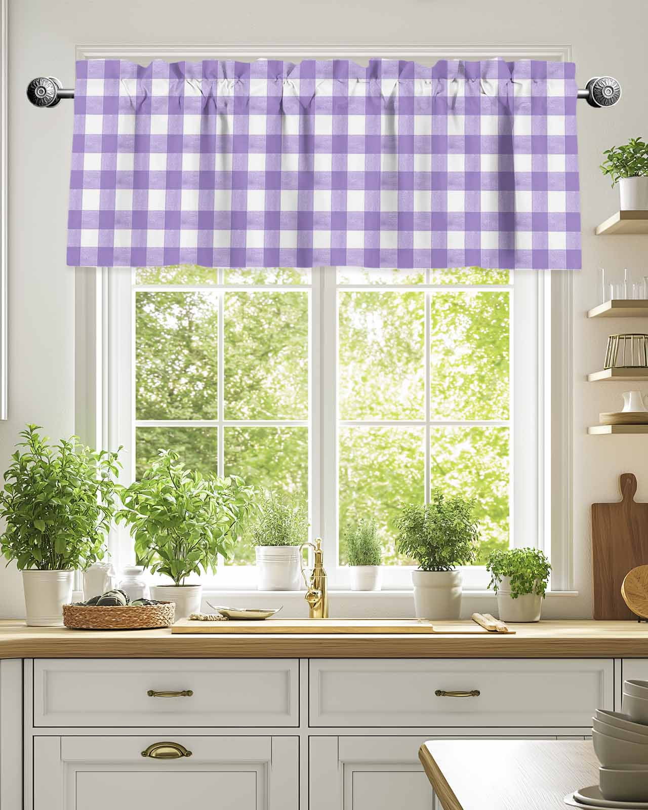 Valance for Windows,Purple White Checkered Plaid Valances Curtain Rod ...