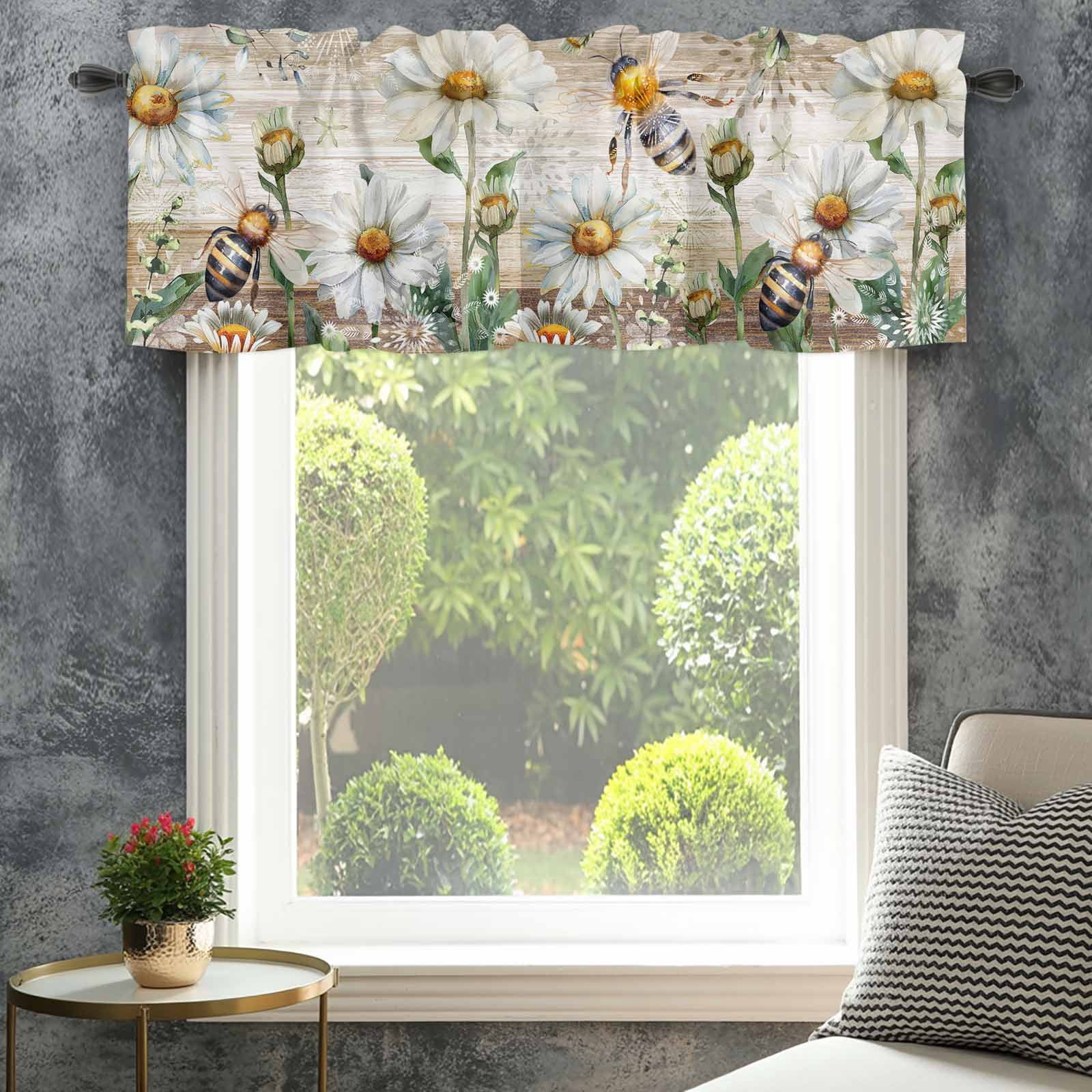 Valance for Windows,Retro Watercolor Diasy Floral Bee Valances Curtain ...