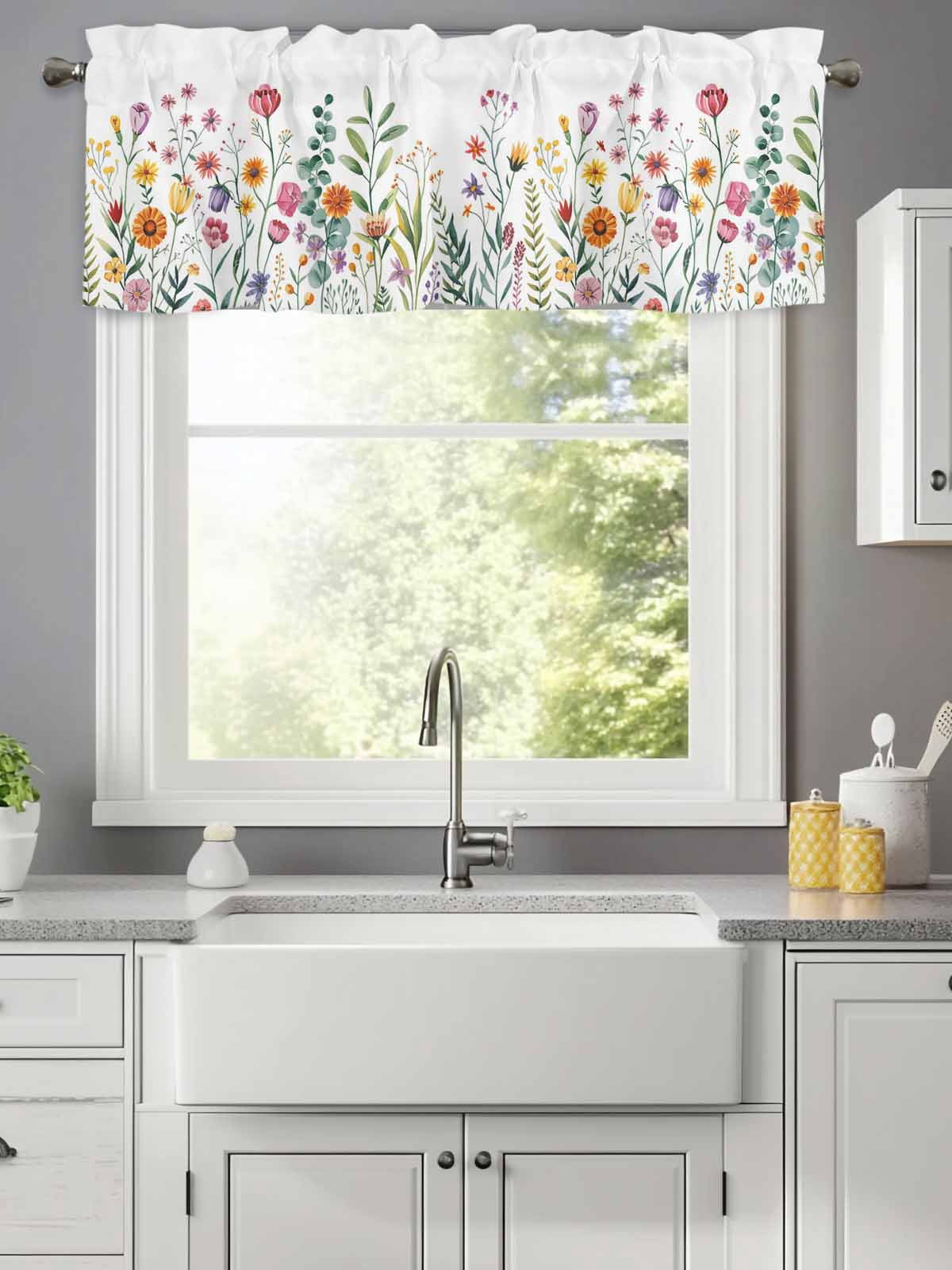 Valance for Windows,Spring Watercolor Flowers Valances Curtain Rod ...