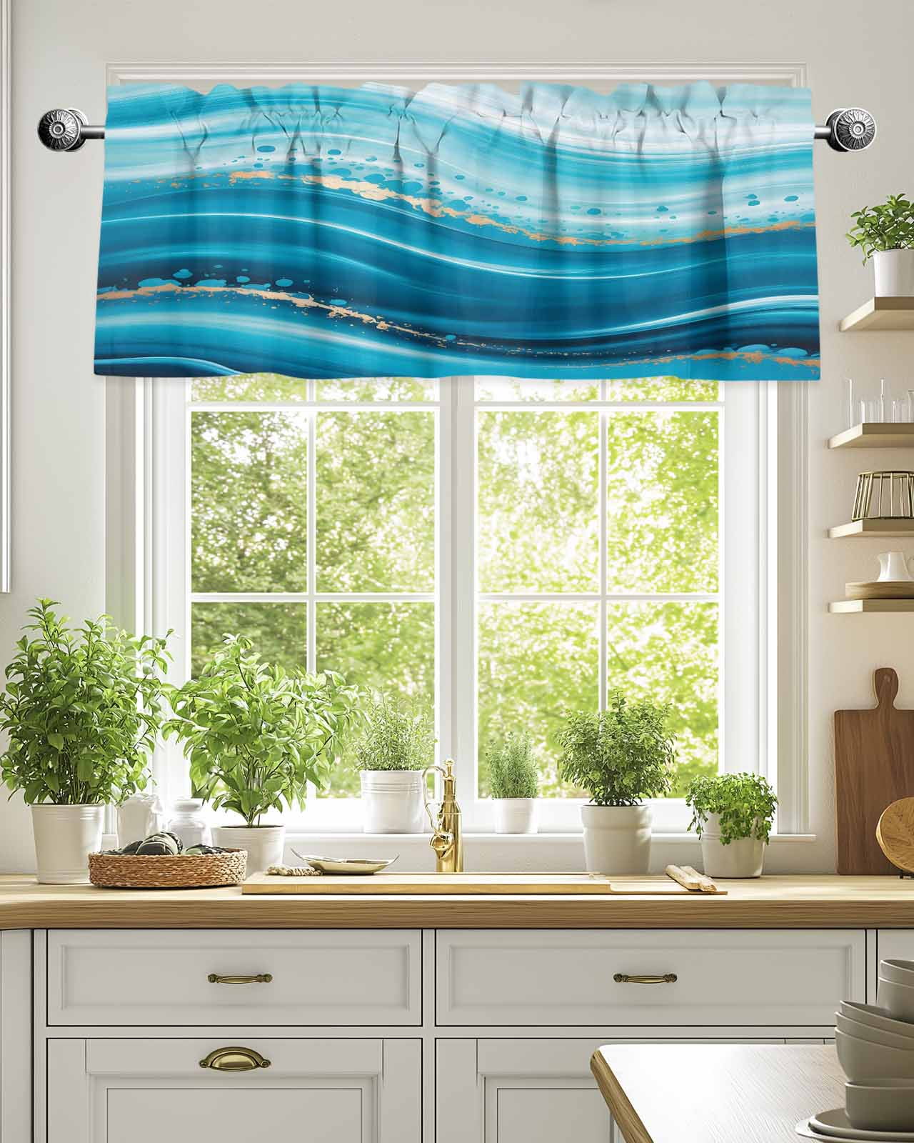 Valance for Windows,Watercolor Blue Water Ripple Valances Curtain Rod ...