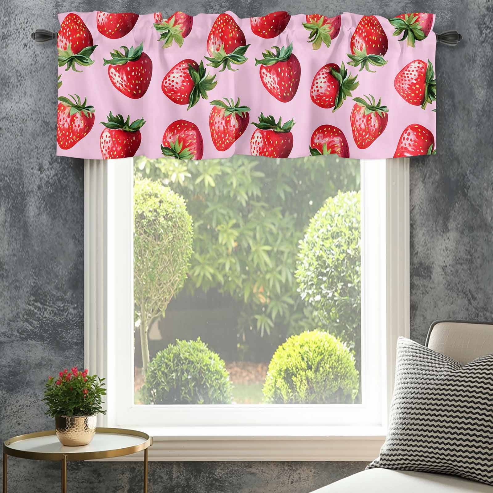 Valance for Windows,Watercolor Red Strawberry Leaves on Pink Valances ...