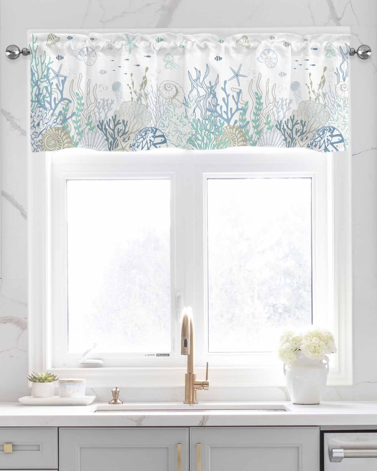 Valance for Windows Nautical Coastal Ocean Coral Curtains Valances Rod ...