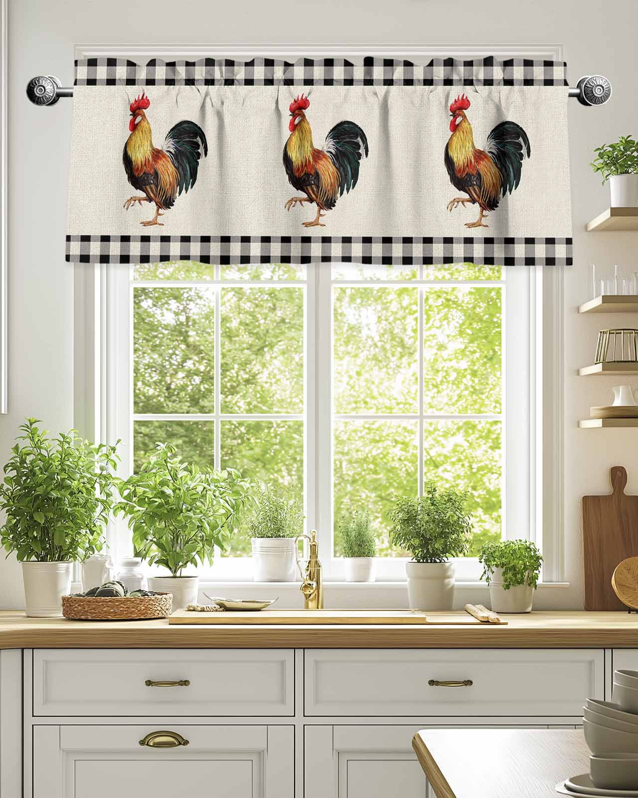 Valances Curtain for Kitchen Cafe, Farm Rooster Vintage Black Check ...
