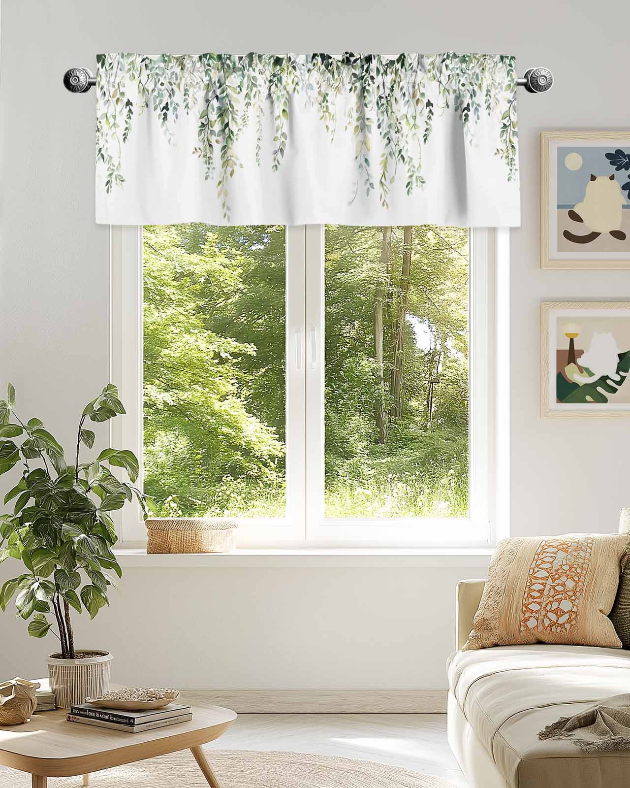 Valances Curtain for Kitchen Cafe, Spring Eucalyptus Leaves on White ...