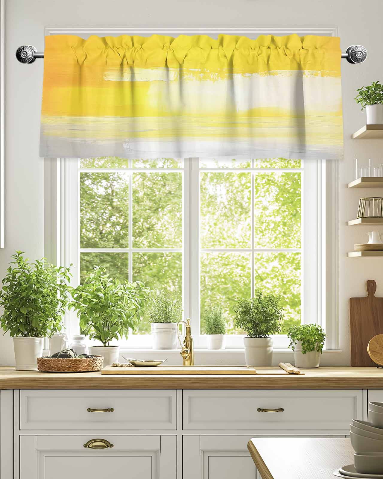Valances Curtain for Kitchen Cafe, Yellow Gray Oil Painting Art Window ...